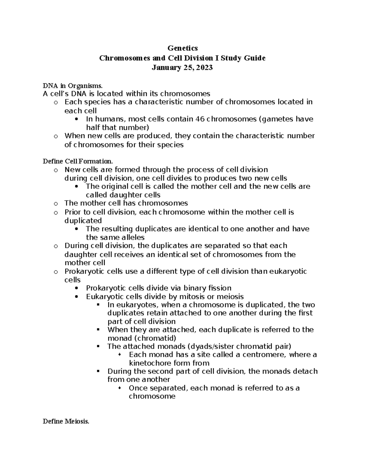 Cell Division I Study Guide - Genetics Chromosomes and Cell Division I ...