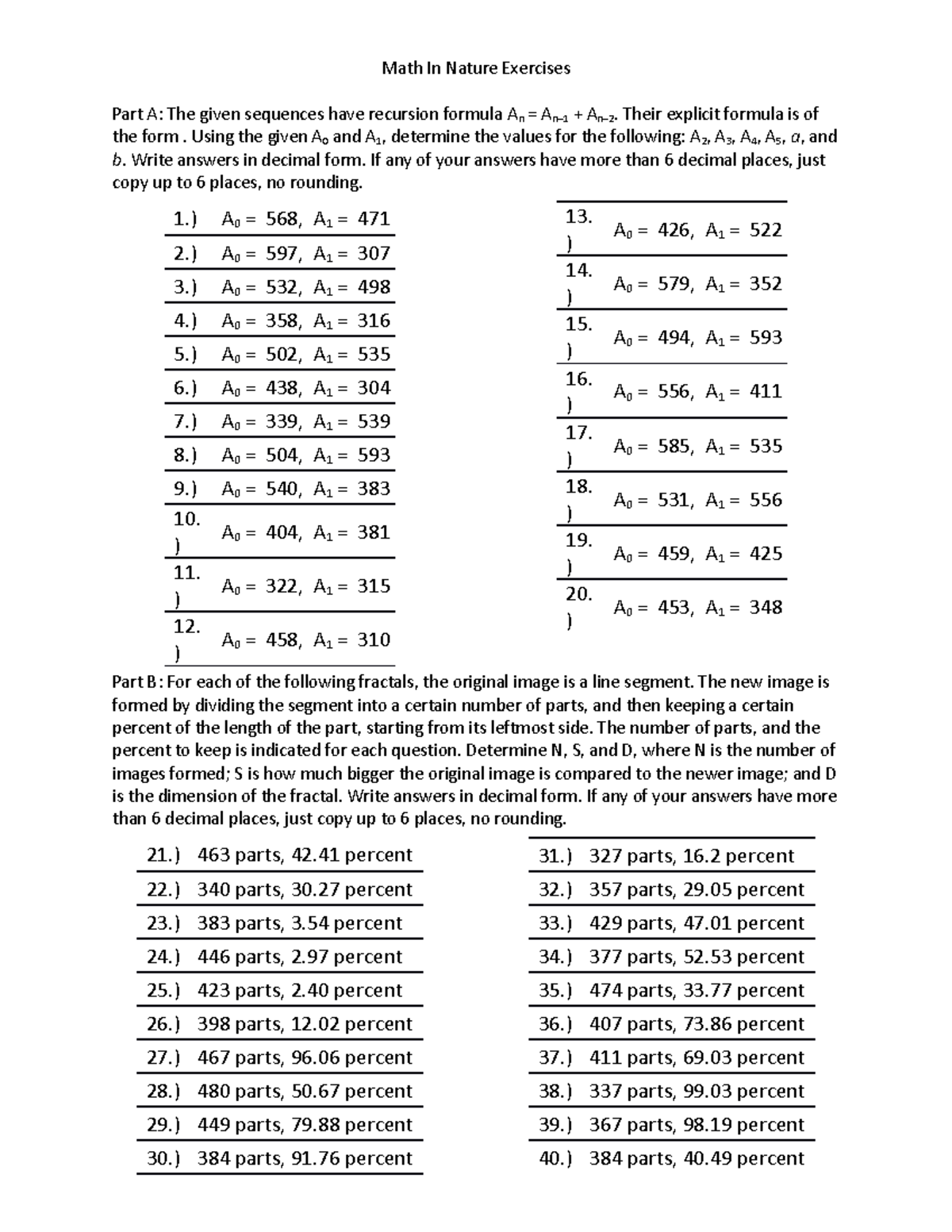 Math In Nature Exercises Questions Only - Math In Nature Exercises Part ...