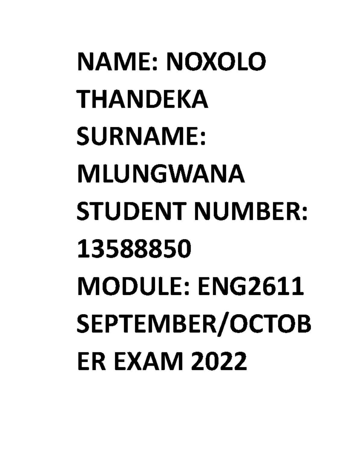 Question 2 - NAME: NOXOLO THANDEKA SURNAME: MLUNGWANA STUDENT NUMBER ...