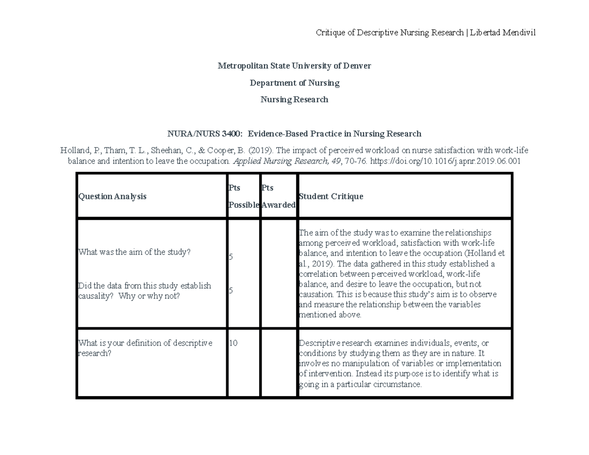 Descriptive Nursing Research Article Critique - Metropolitan State ...