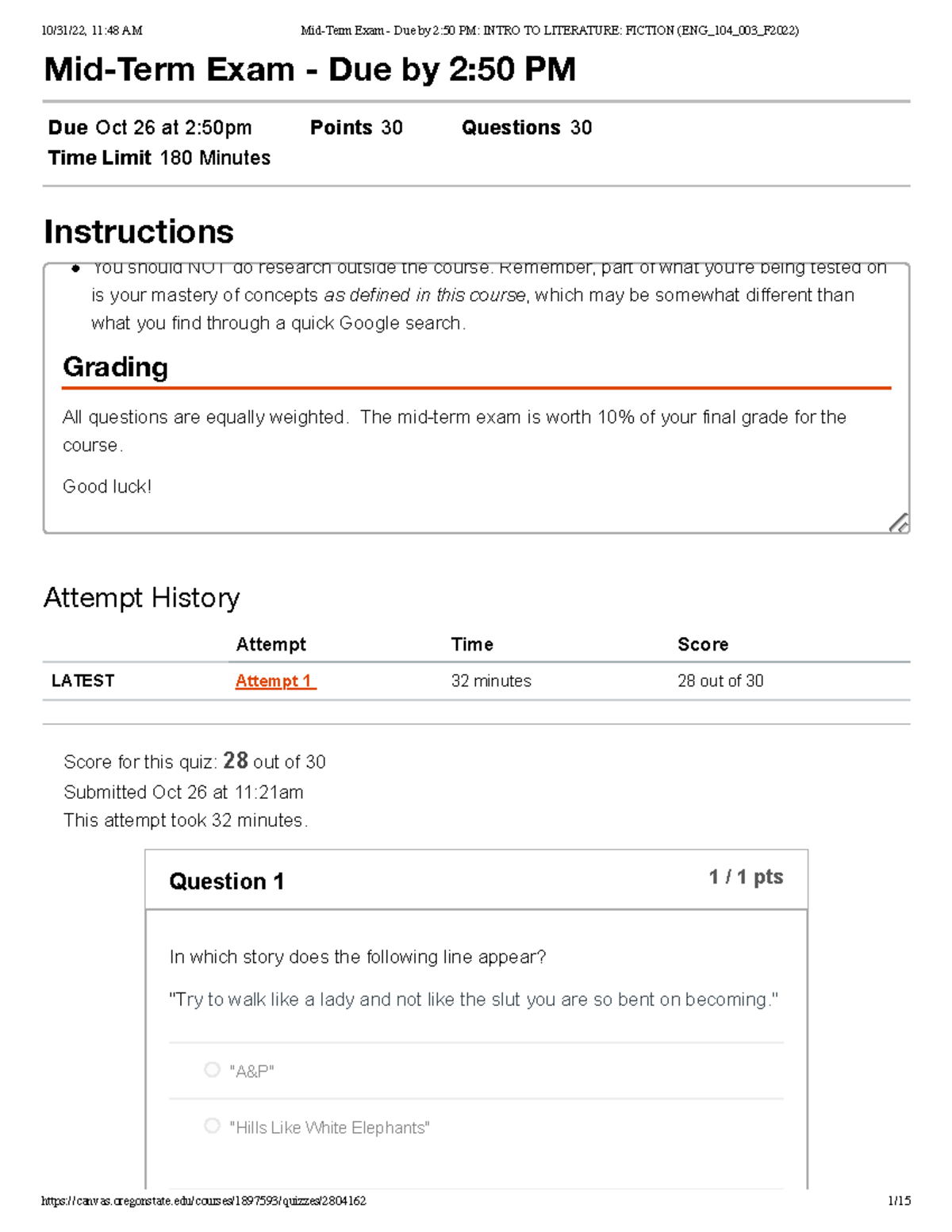 Midterm EXAM - Mid-Term Exam - Due by 2:50 PM Due Oct 26 at 2:50pm ...