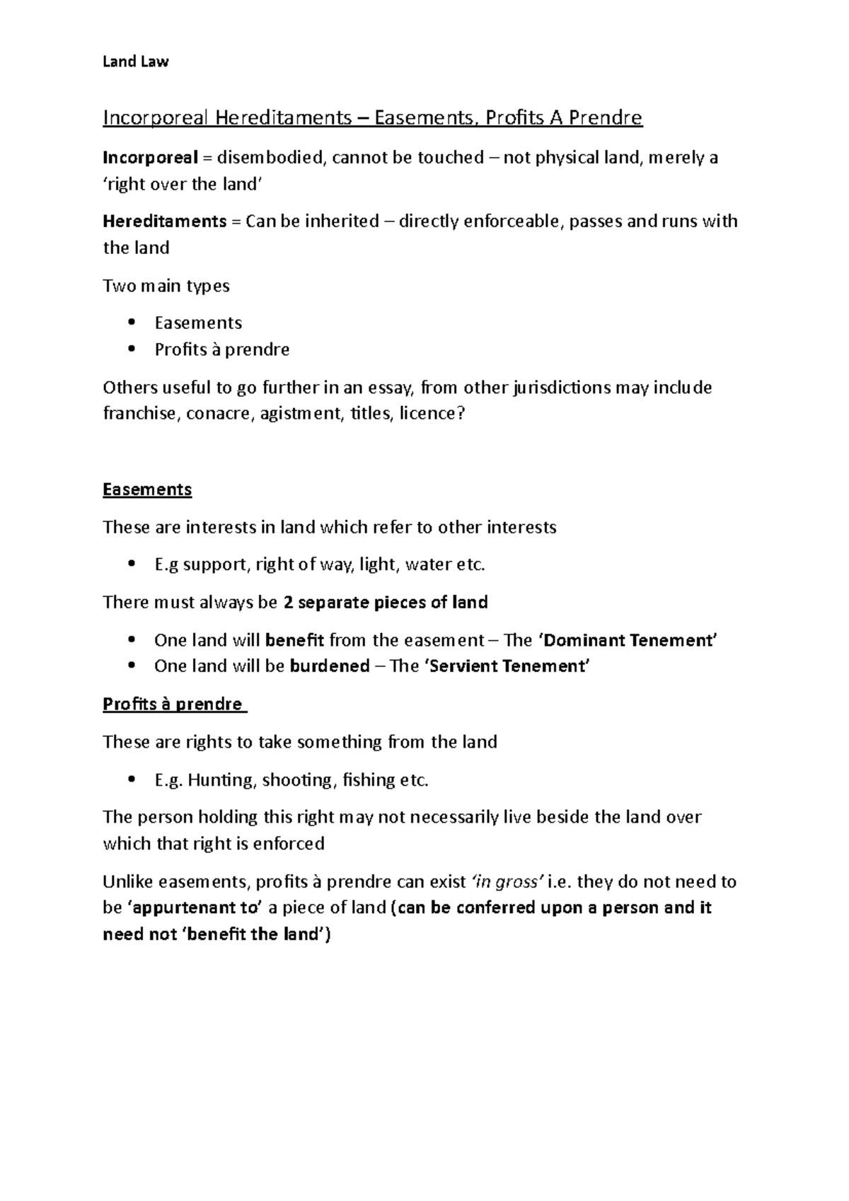 Land Law - Incorporeal Hereditaments - Easements, Profits A Prendre ...