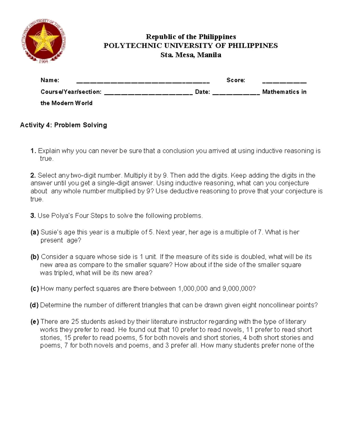 Activity 4- Problem Solving - Republic of the Philippines POLYTECHNIC UNIVERSITY OF PHILIPPINES ...