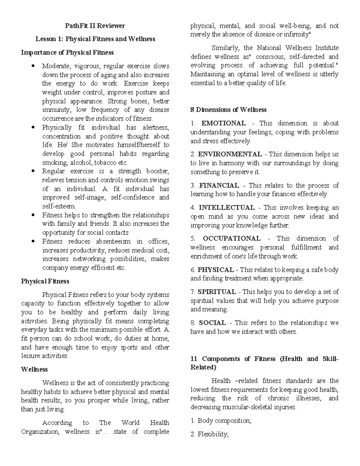 Path Fit-II-Reviewer - Summary Physical Education - PathFit II Reviewer ...