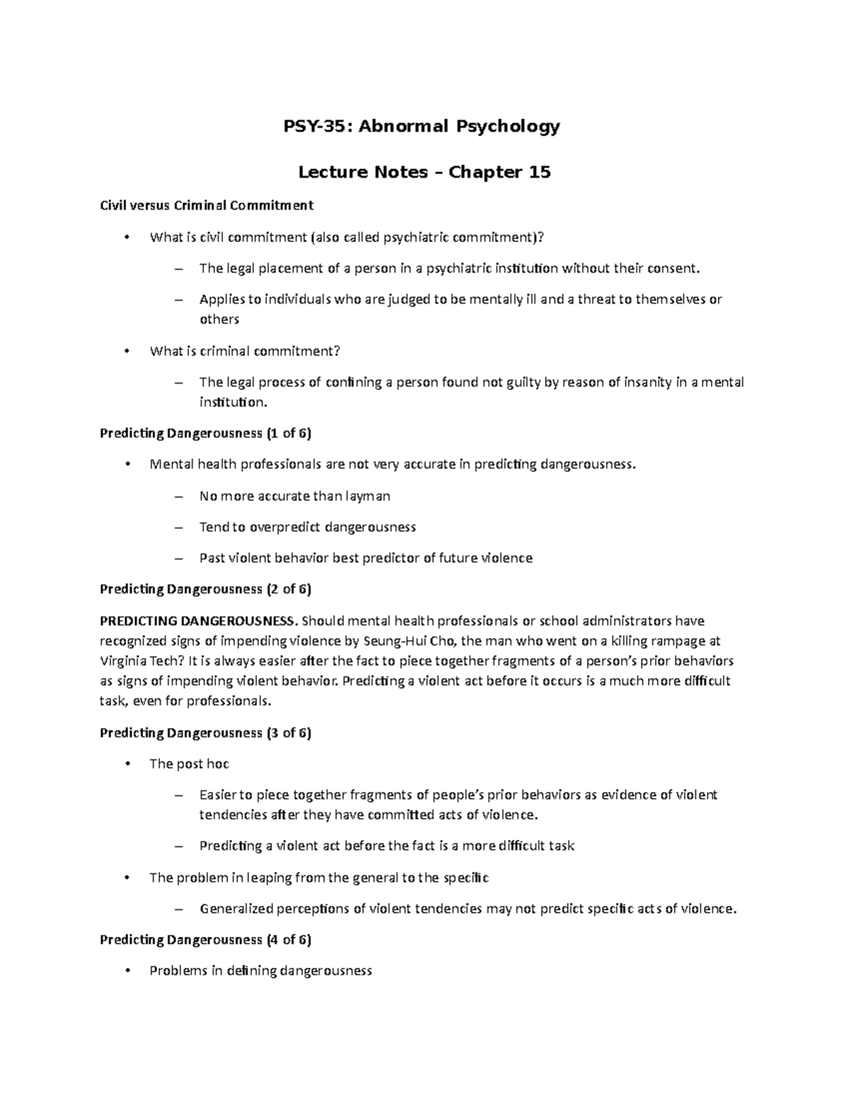 Chapter 15 Lecture Notes - Abnormal Psychology and the Law - PSY-35 ...
