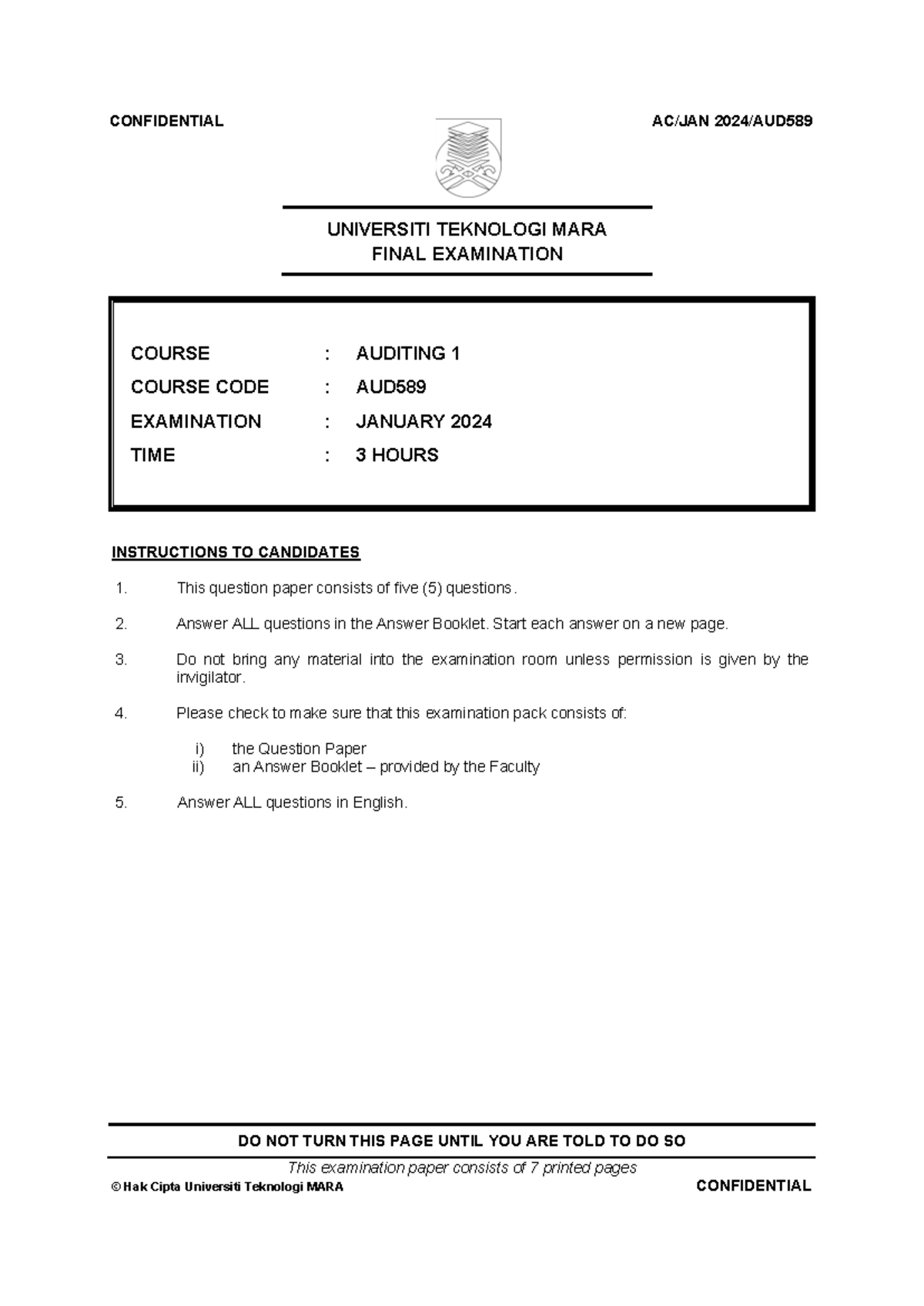 AUD589 Q FEB 2024 Final - pyq - Auditing - UiTM - Studocu