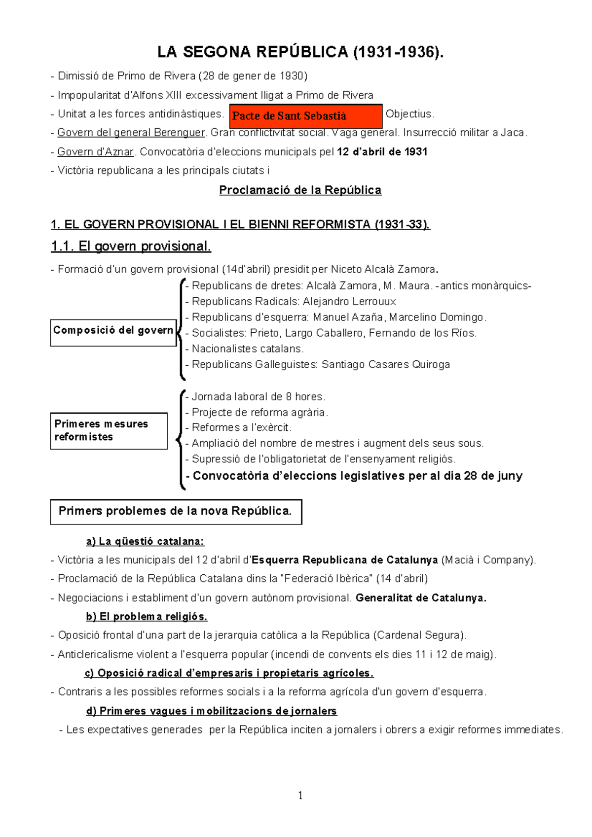 Tema 11 Esquema II República - LA SEGONA REPÚBLICA (1931-1936). Dimissió de Primo de Rivera (28 ...
