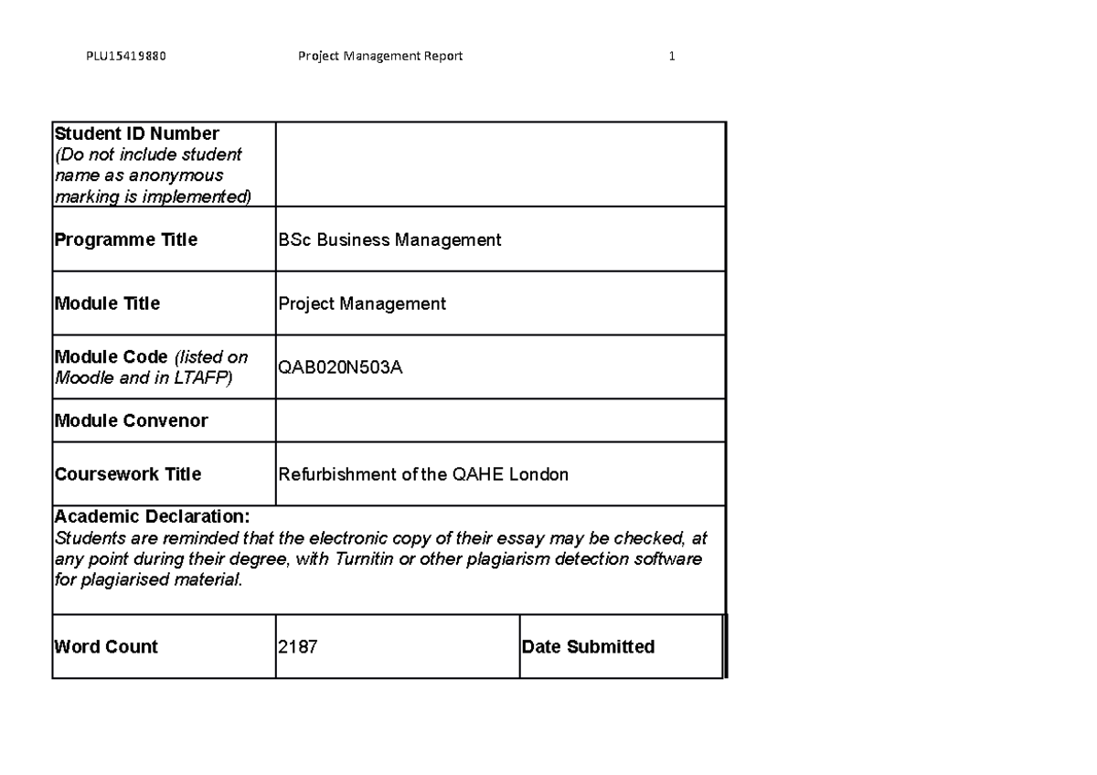 Project Management Assignment - Sample Structure - Student ID Number ...