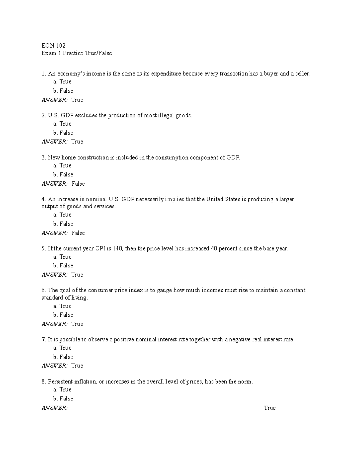 Exam 1 Practice T/F Questions - ECN 102Exam 1 Practice True/False An ...