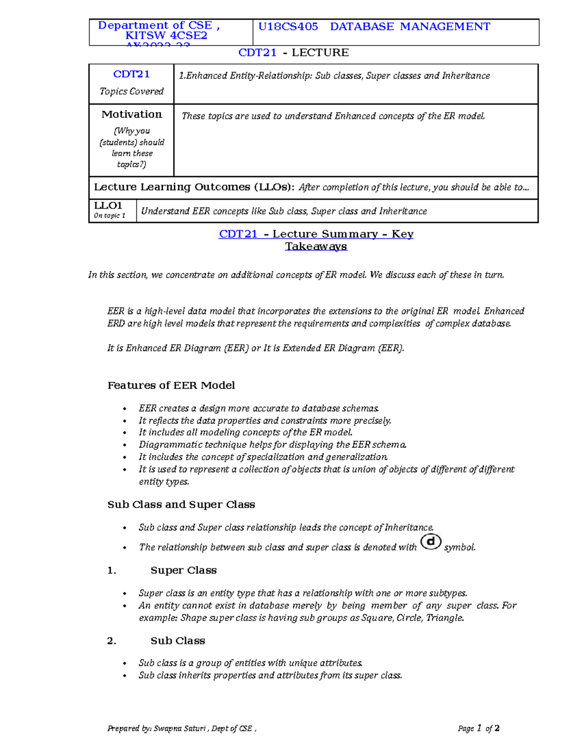 DBMS CDT21 Week 6 Summary 4CSE2 SS 2022-23 - Department of CSE , KITSW ...