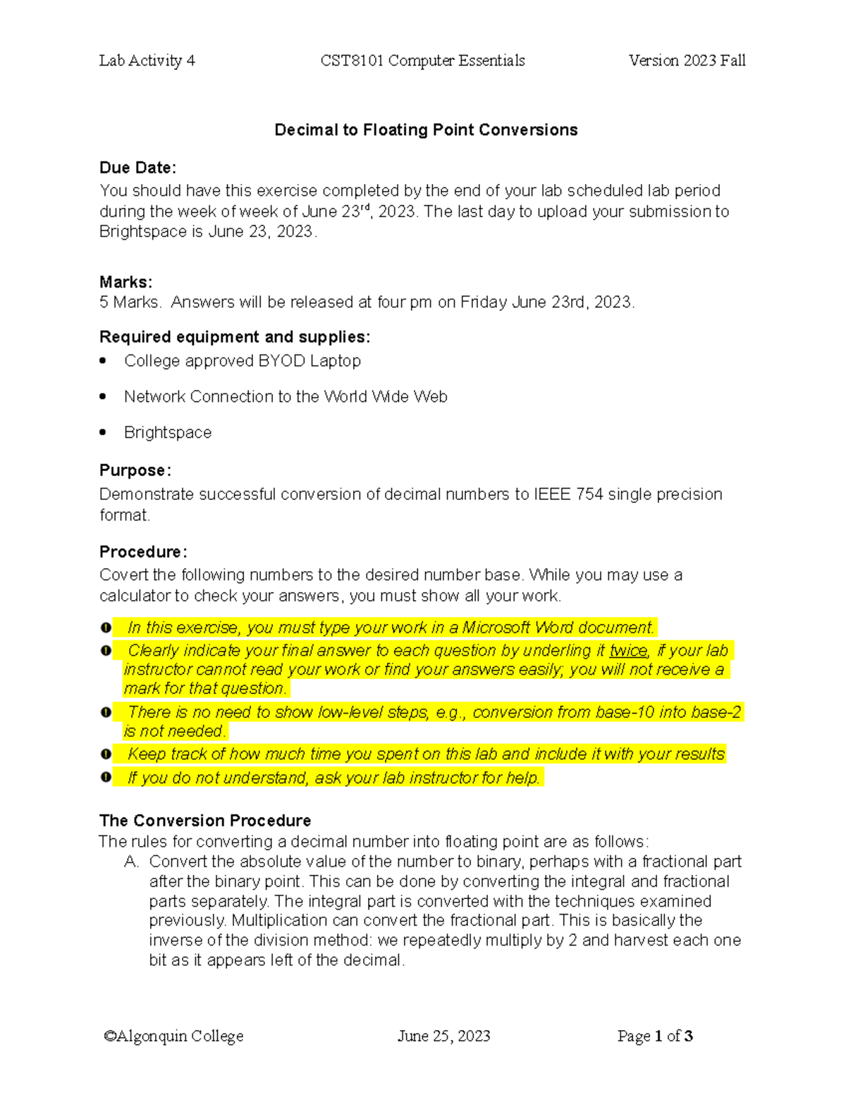 Lab 4 IEEE-754 Questions 2023 V2 - Lab Activity 4 CST8101 Computer Essentials Version 2023 Fall ...
