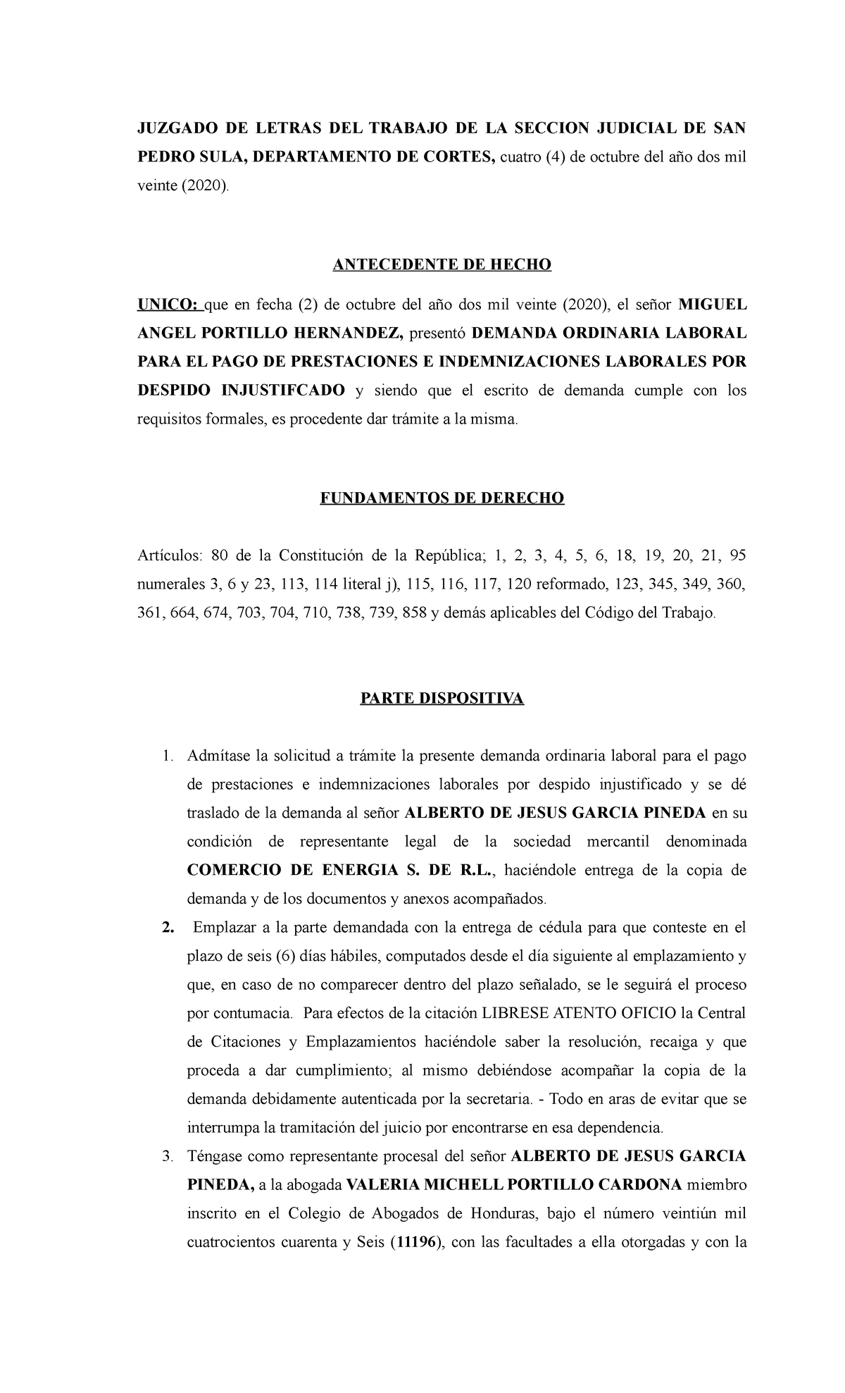 Autp de admisión Valeria Portillo - JUZGADO DE LETRAS DEL TRABAJO DE LA ...