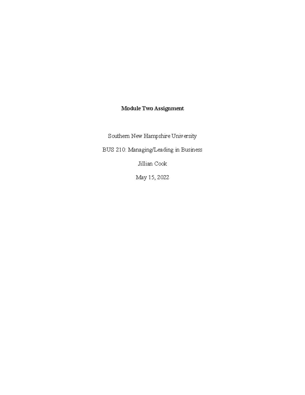 BUS 210 Module Two Assignment - Module Two Assignment Southern New ...