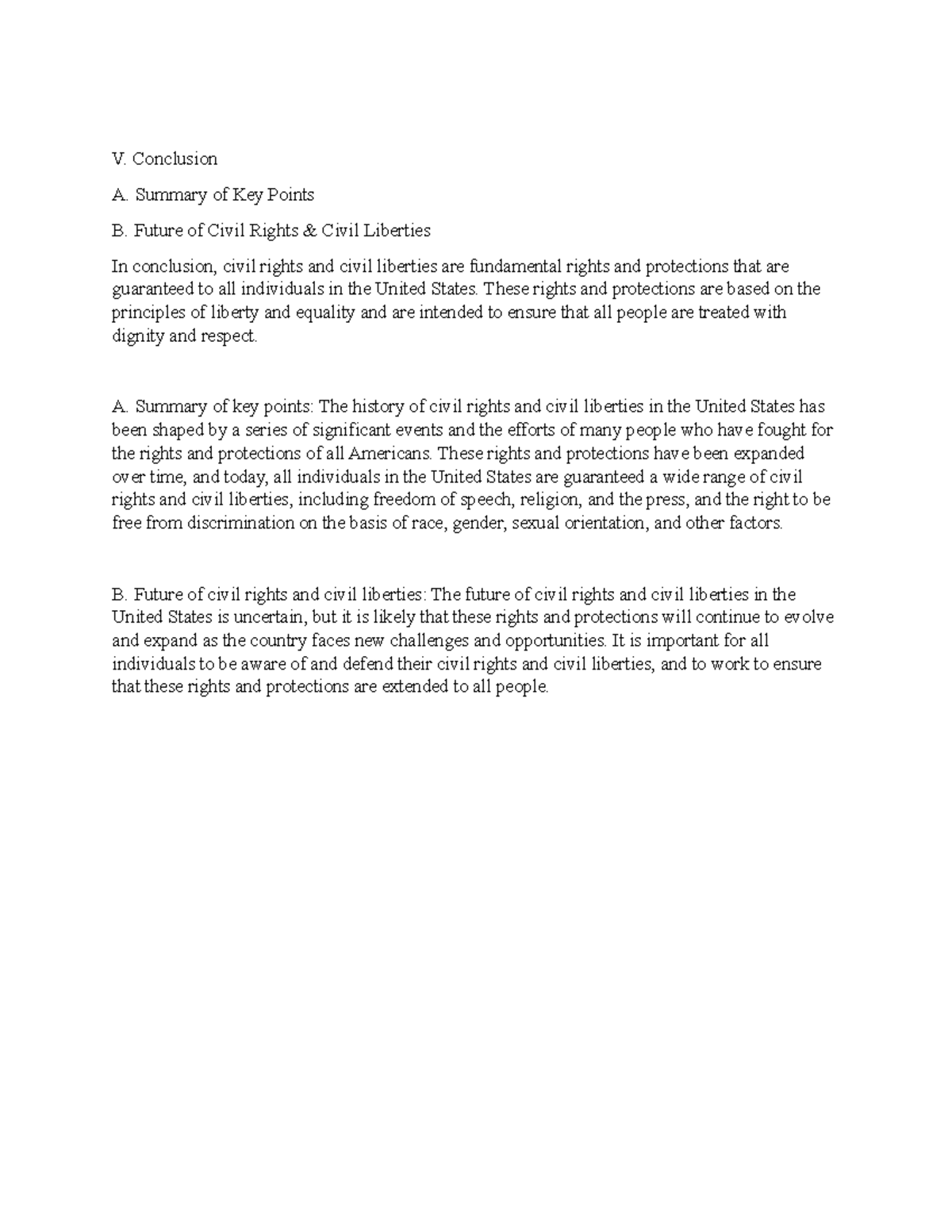Civil Rights Civil Liberties 5 - V. Conclusion A. Summary of Key Points ...