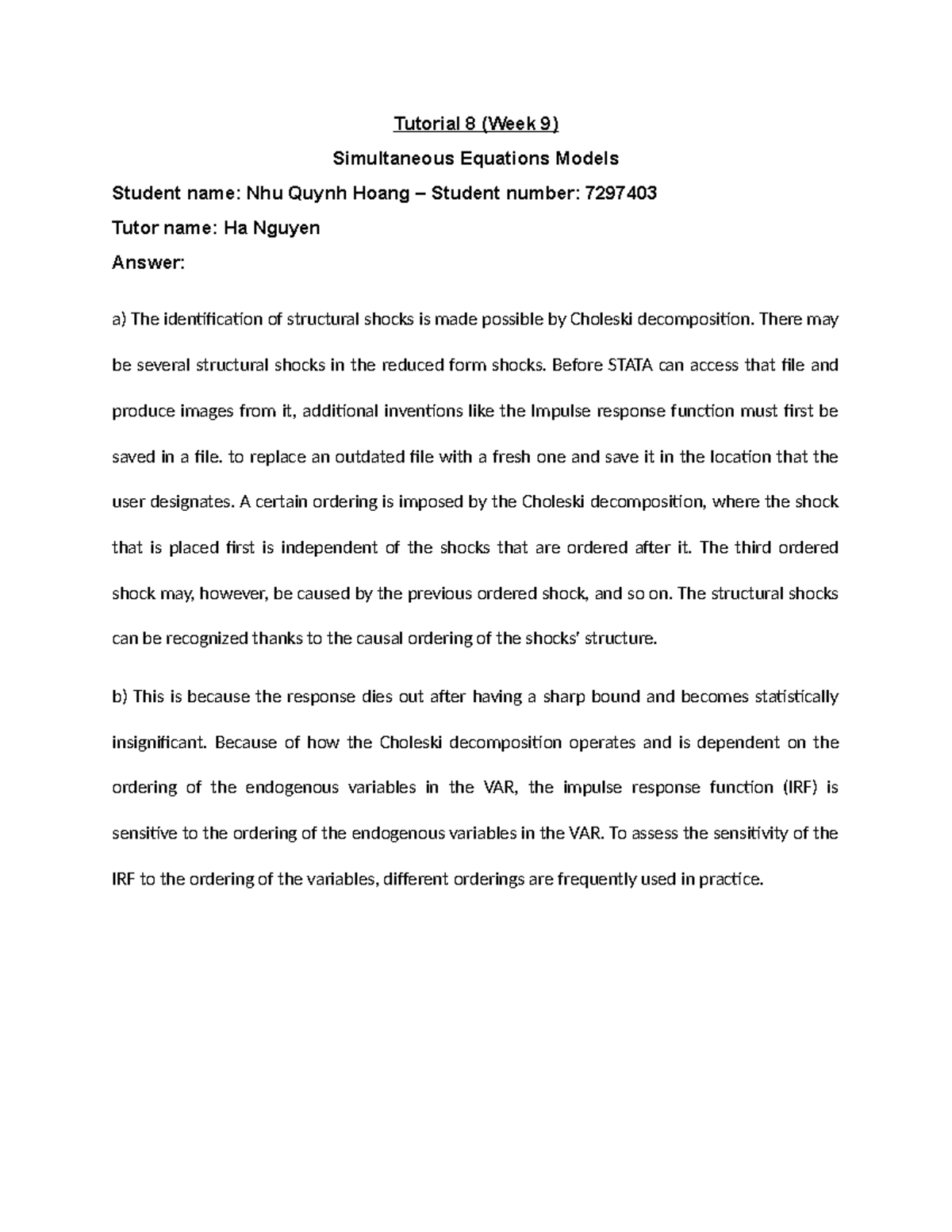 Tutorial answer - tut 8 - For practice - Tutorial 8 (Week 9) Simultaneous Equations Models ...