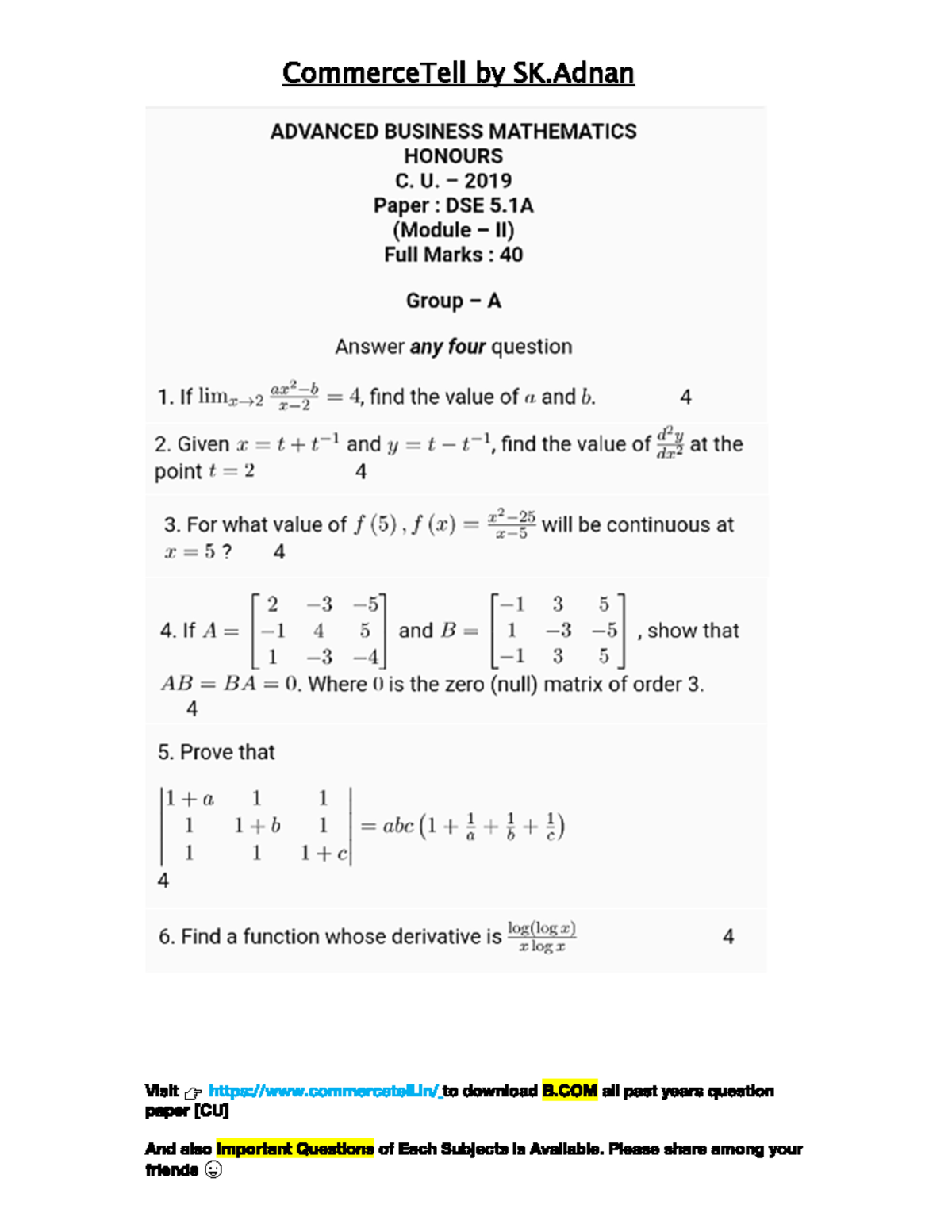 Advanced Business Mathematics-Honours-2019 - Mathematical Methods and ...