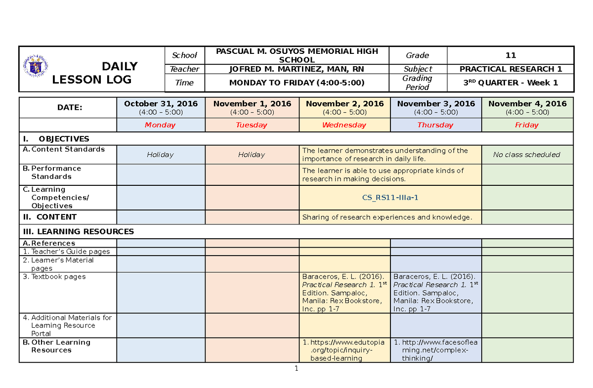 Pdfcoffee - practical Research DLL - DAILY LESSON LOG School PASCUAL M ...