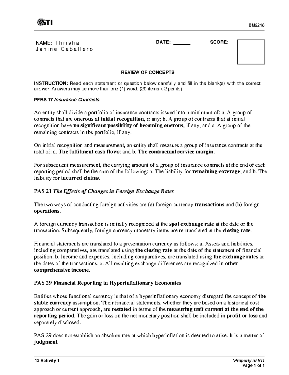 12 Activity 1 - Review of Concepts - NAME: T h r i s h a J a n i n e C ...