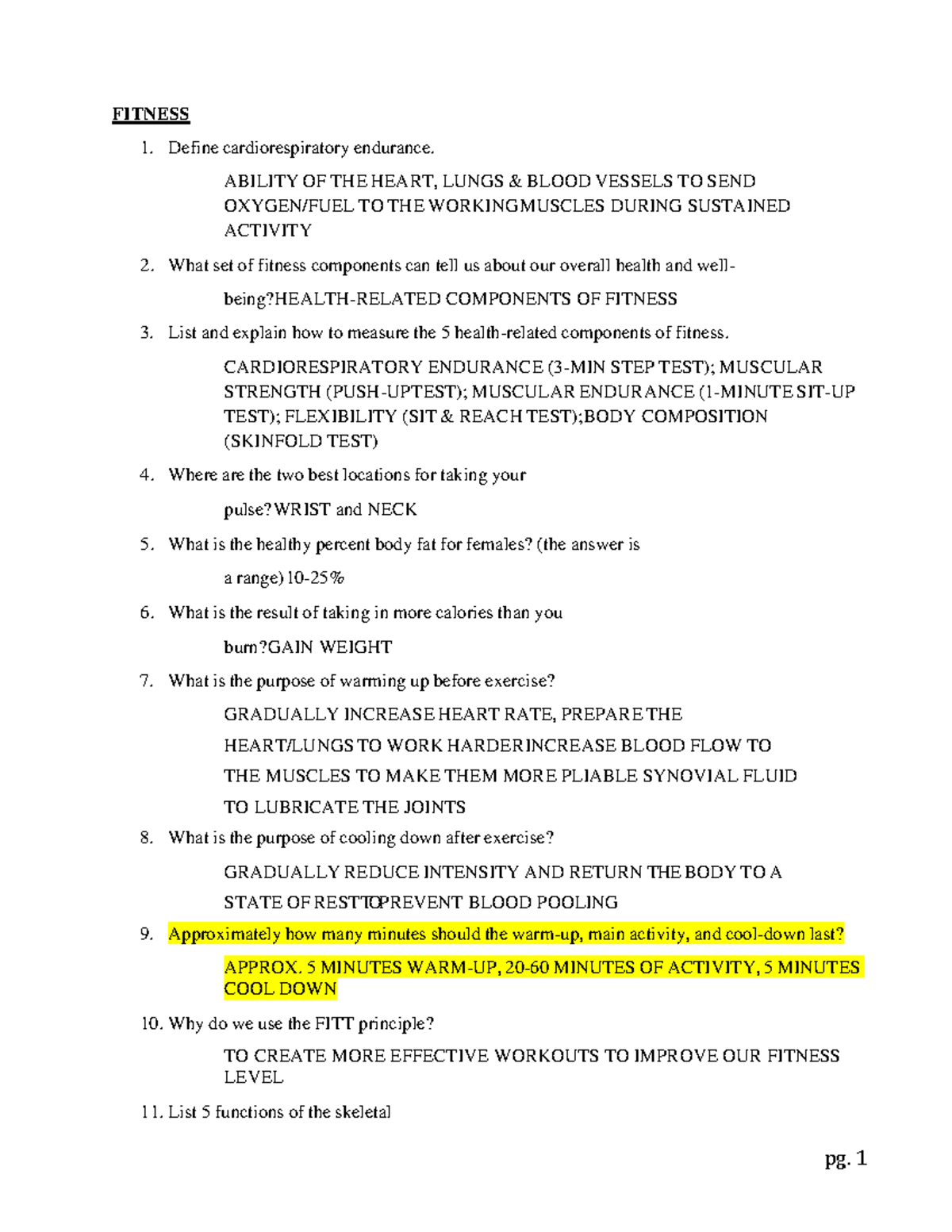 Wellness and Fitness EOC study guide key - FITNESS Define ...