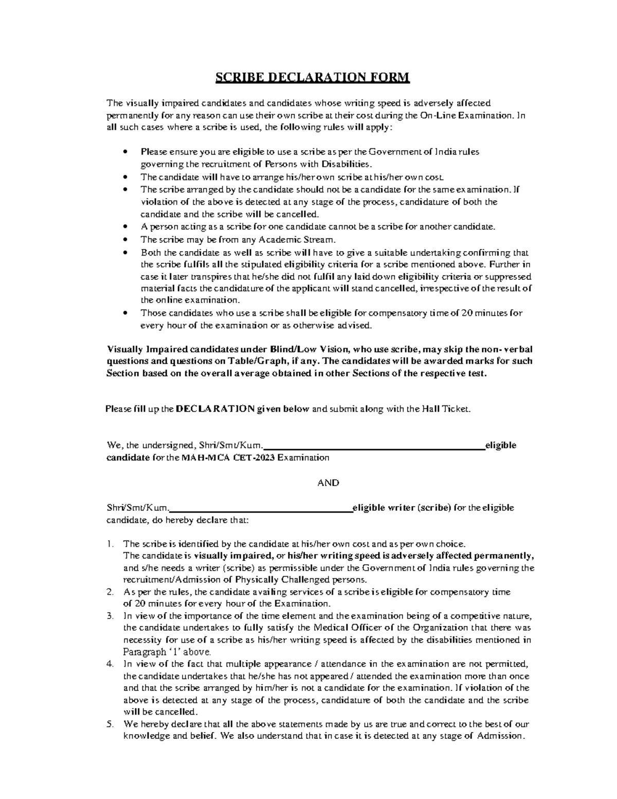 MAH-MCA CET-2023 Scribe Decalaration - SCRIBE DECLARATION FORM The ...