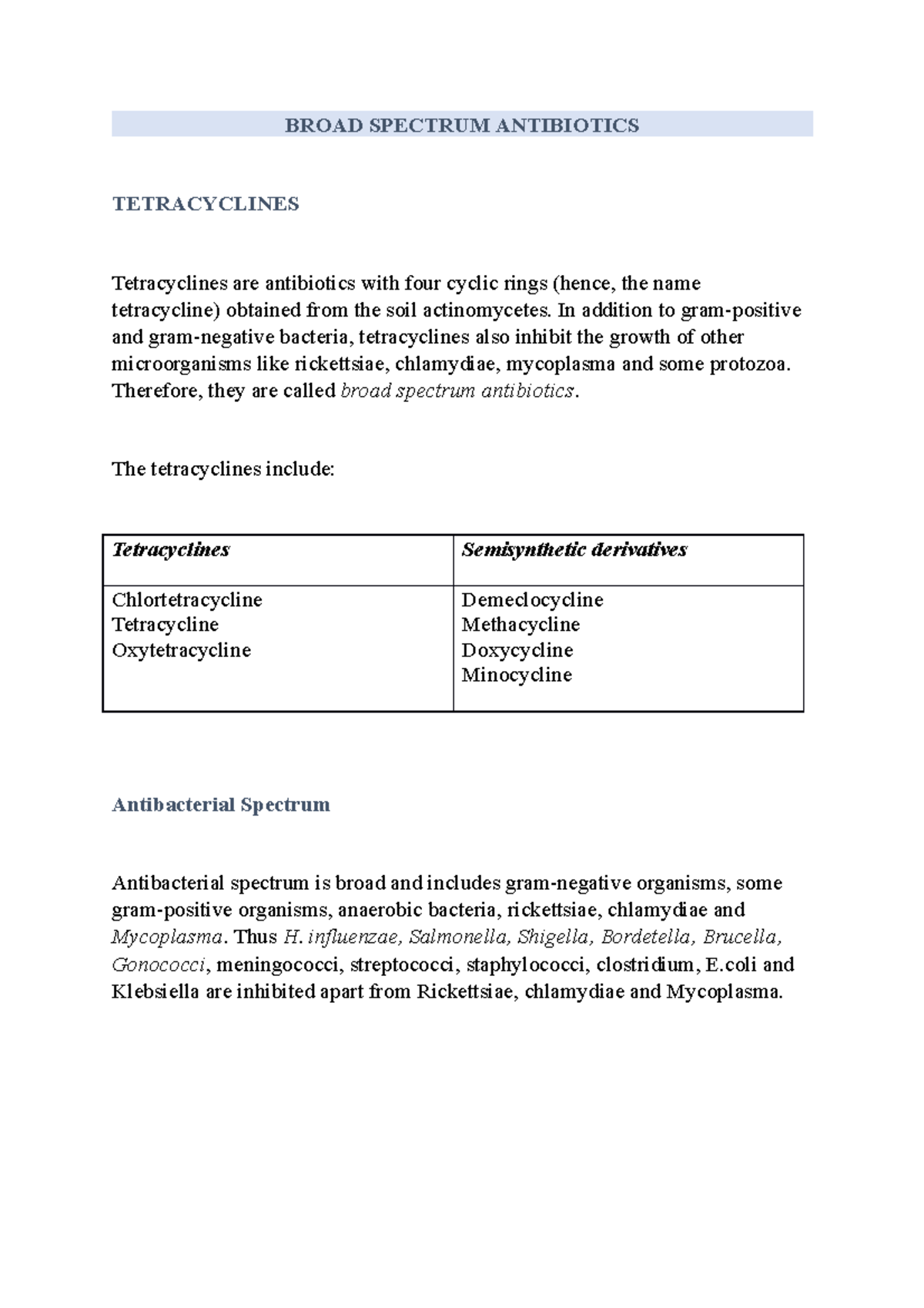 Broad Spectrum Antibiotics - BROAD SPECTRUM ANTIBIOTICS TETRACYCLINES Tetracyclines are ...