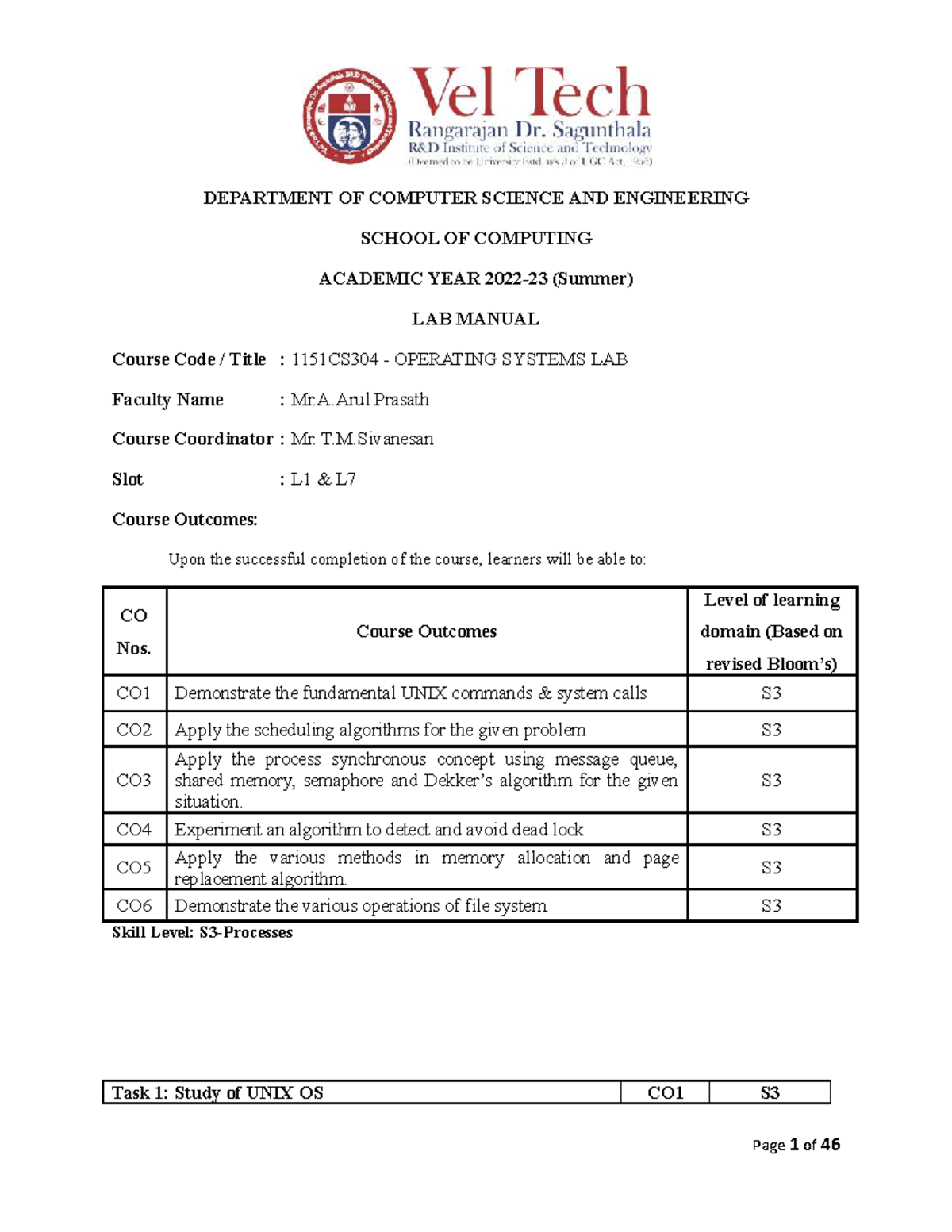 OS LAB Manual - DEPARTMENT OF COMPUTER SCIENCE AND ENGINEERING SCHOOL ...