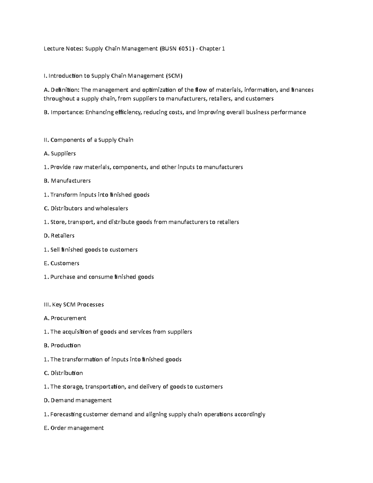 Supply Chain Management (BUSN 6051) - Chapter 1 - Lecture Notes: Supply ...