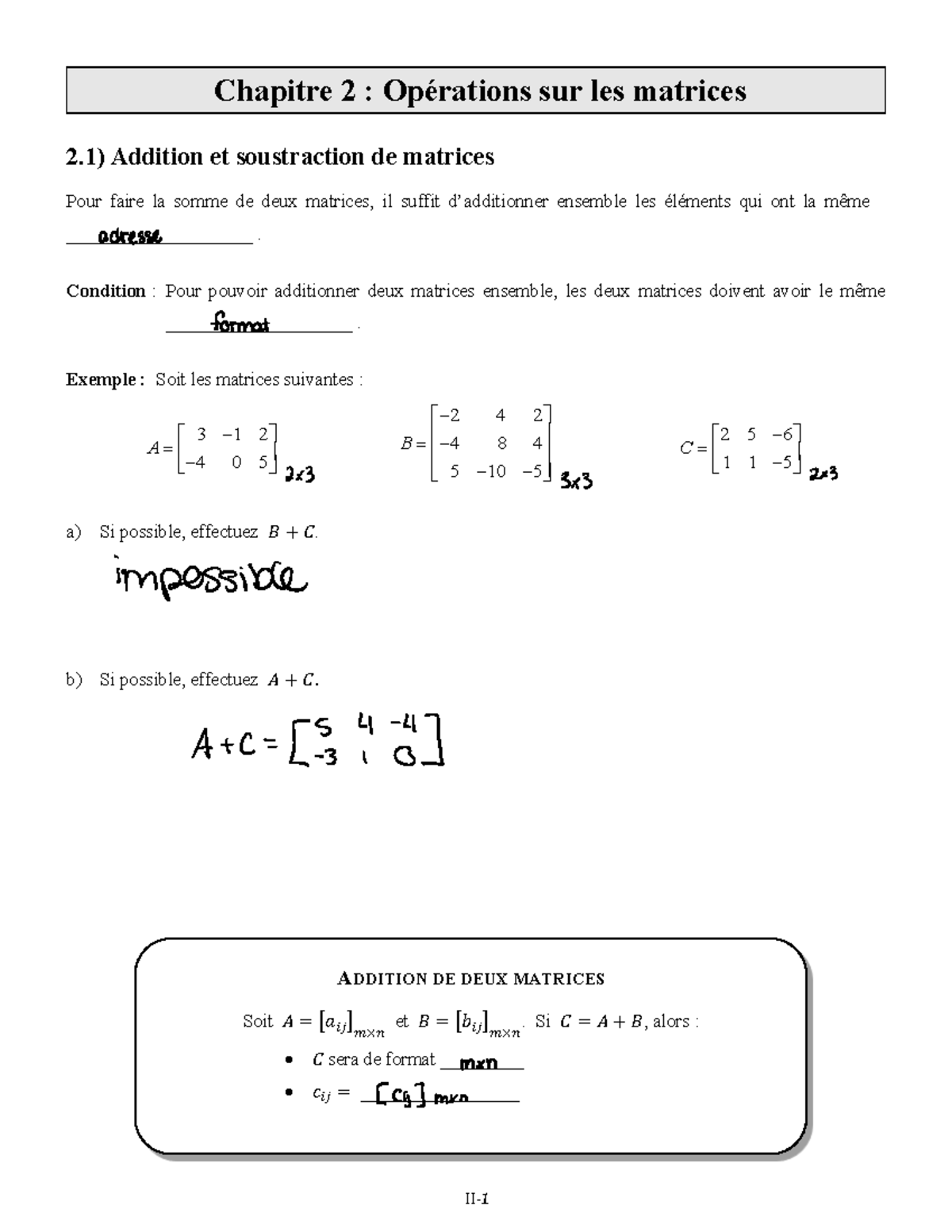 Théorie Chapitre 2 - II- 1 Chapitre 2 : Opérations sur les matrices 2 ...