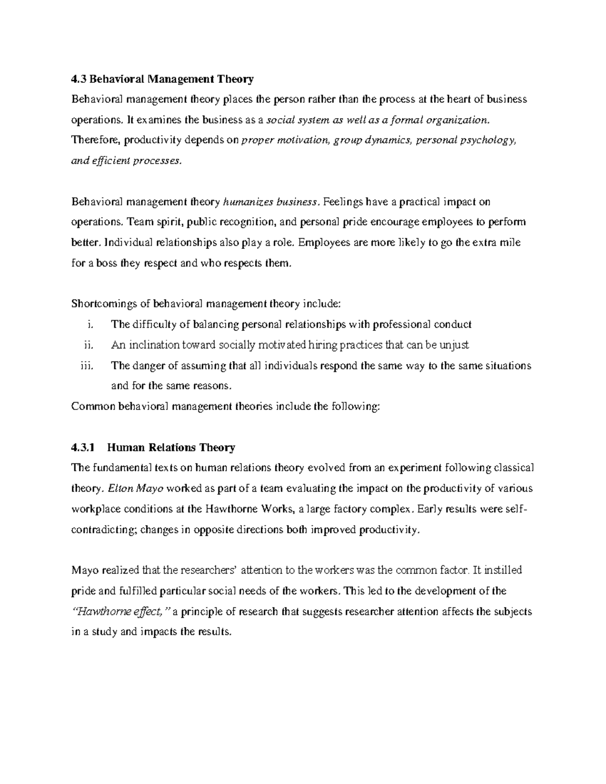 Management theories handout - 4 Behavioral Management Theory Behavioral ...