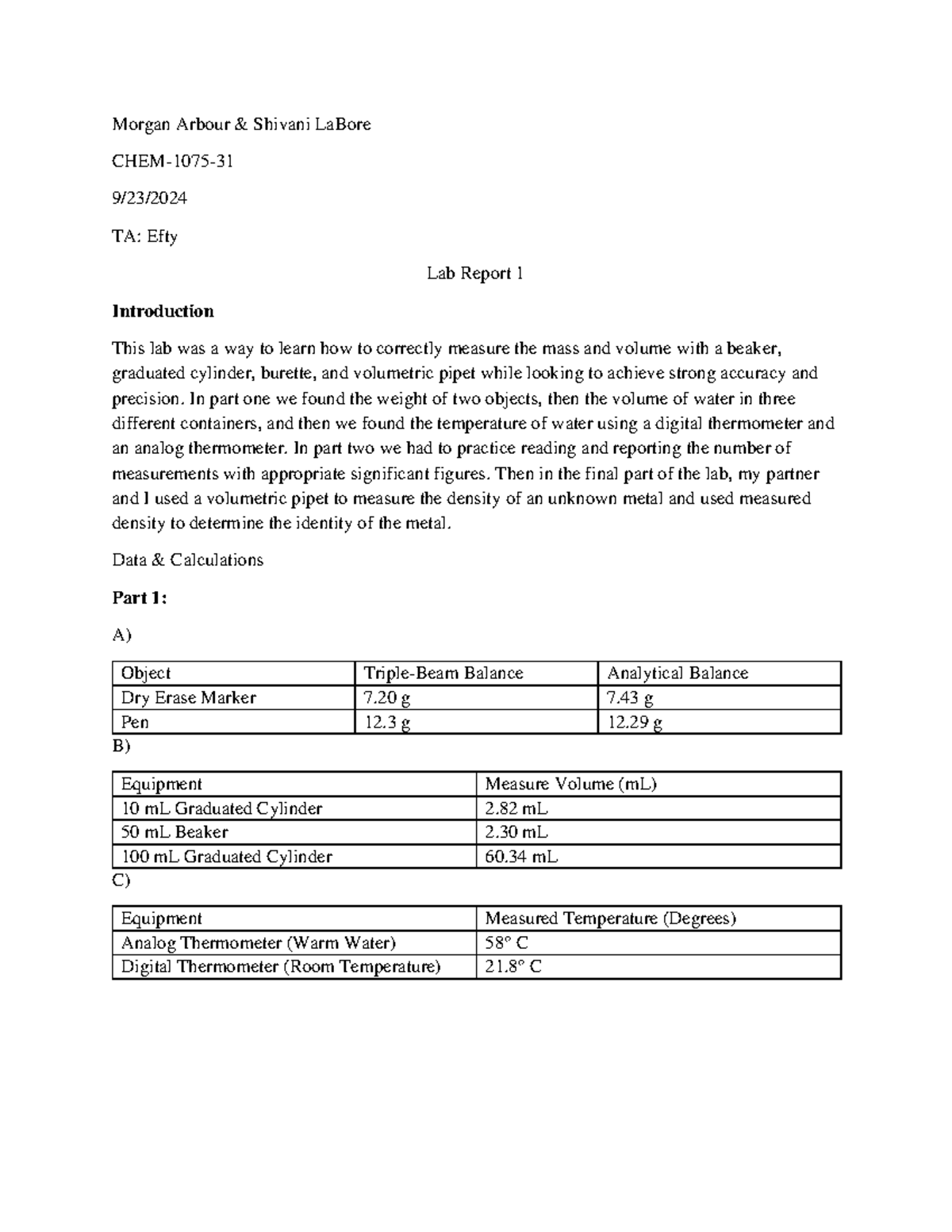 Gen Chem Lab 1 Reprt- Morgan Arbour - Morgan Arbour & Shivani LaBore ...