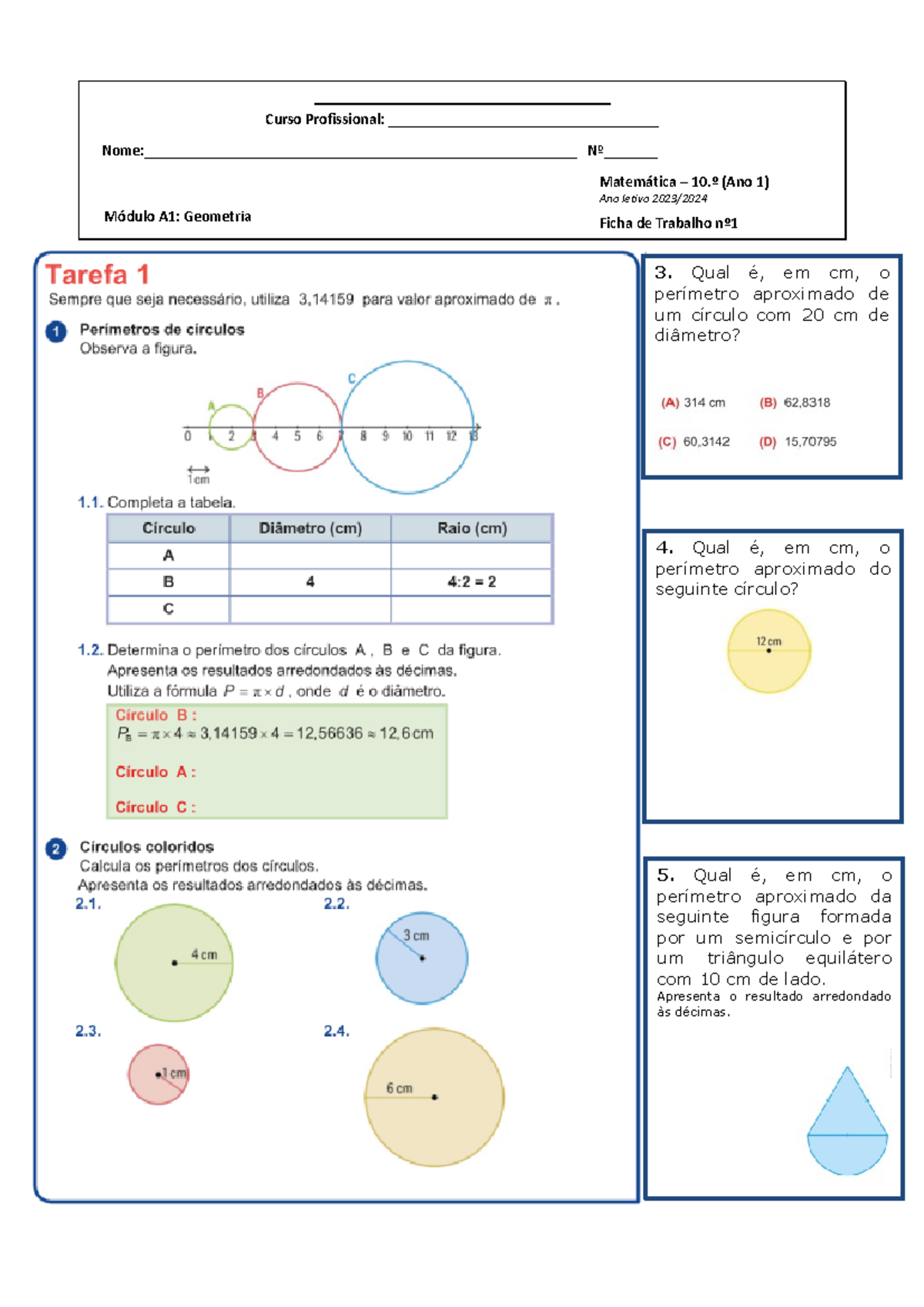 Ficha de trabalho 1 modulo A1 - Matemática – 10.º (Ano 1) Ano letivo ...
