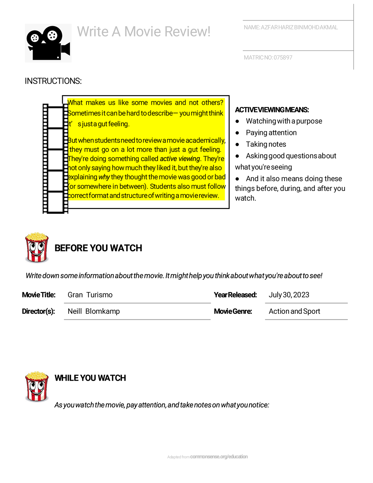 W7 Movie Review Guide Template - WWrriittee AA MMoovviiee RReevviieeww ...