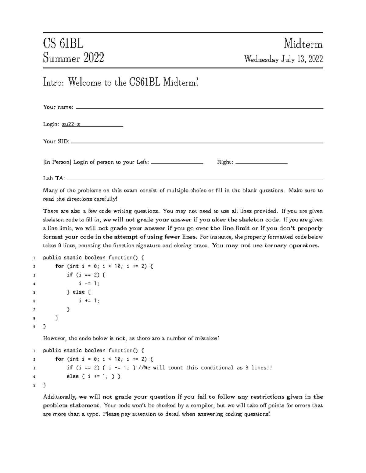 CS61BL Su22 MT - math - CS 61BL Midterm Summer 2022 Wednesday July 13 ...