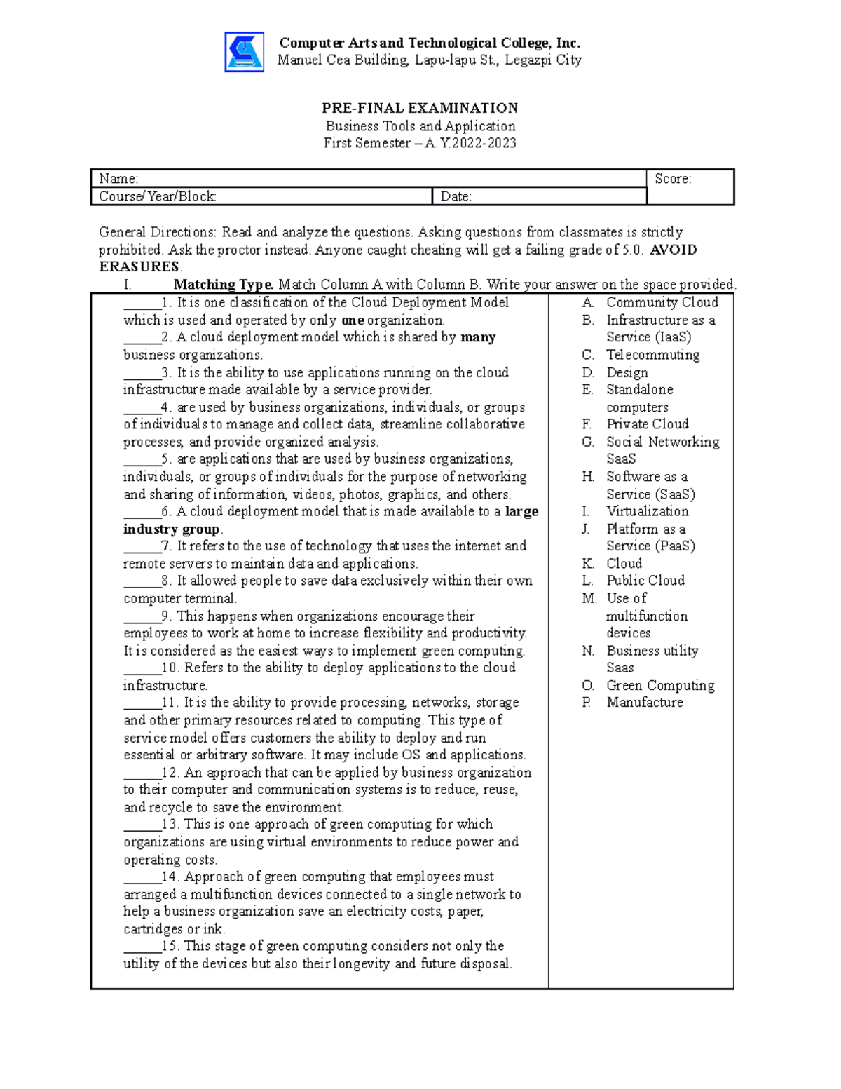 Final Exam Sample - PRE-FINAL EXAMINATION Business Tools and ...
