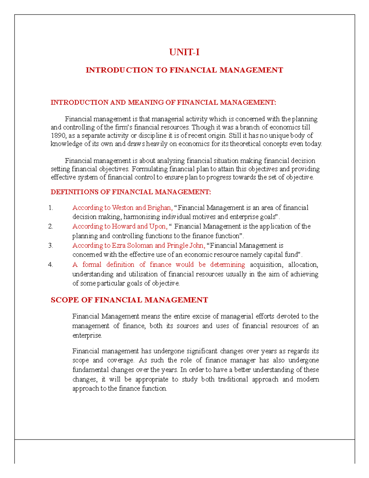 UNIT1 - UNIT-I INTRODUCTION TO FINANCIAL MANAGEMENT INTRODUCTION AND ...
