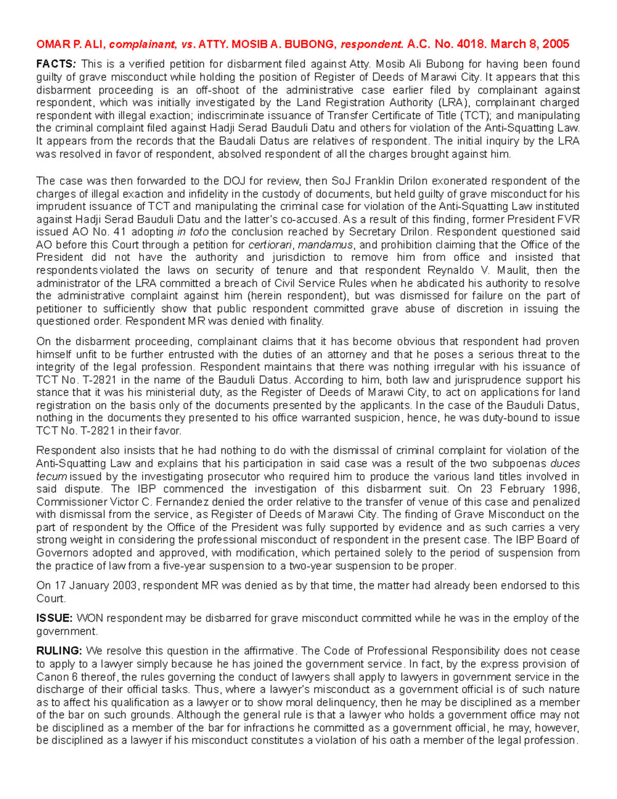 293248271 Ali vs Atty Bubong and Olazo vs Justice Tinga Case Digest ...