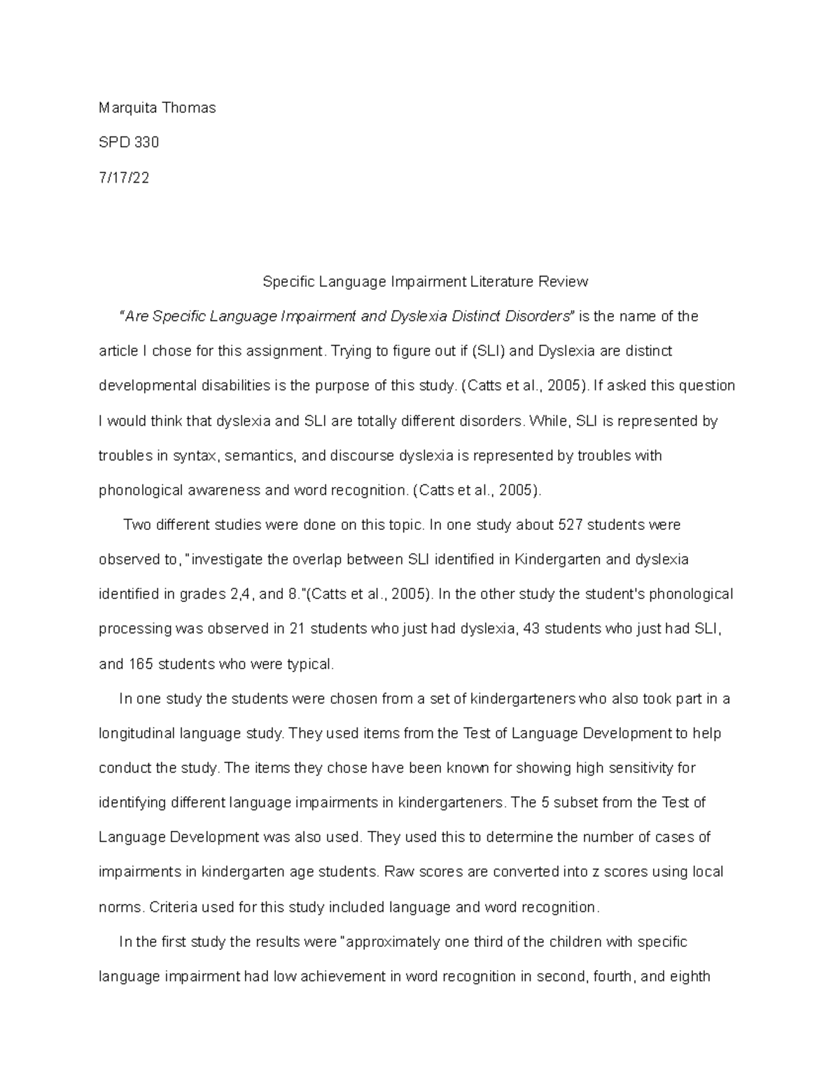 Marquita Thomas Topic 2 specific language impairment literature review - Marquita Thomas SPD 330 ...