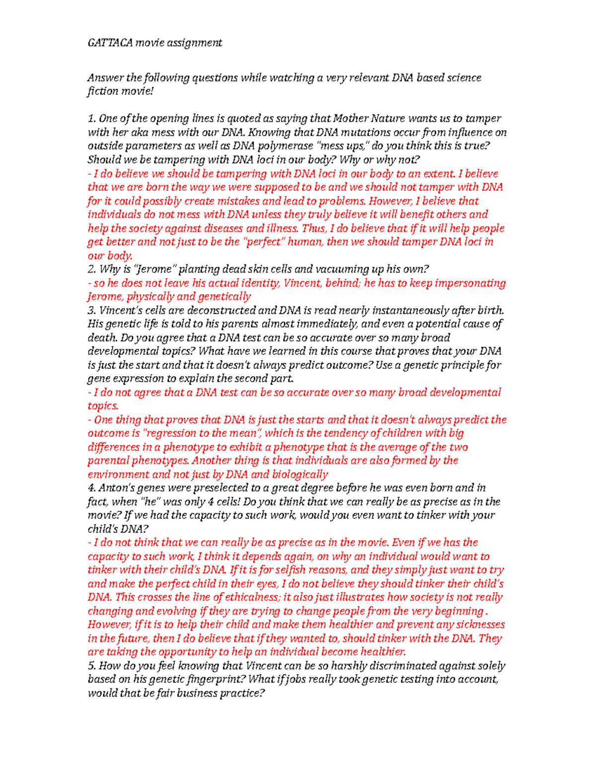 GATTACA Review document - Biol 134 - San Jac - Studocu