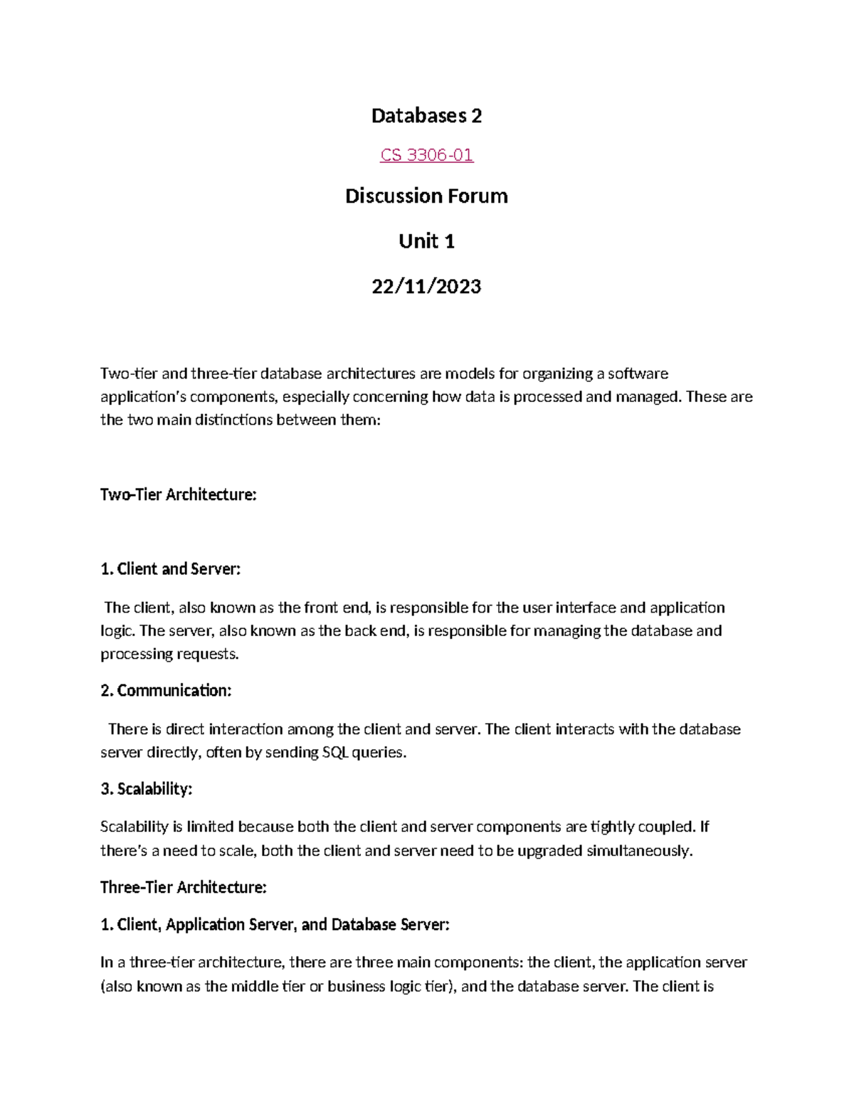 Databases 2 Discussion Forum 1 - Databases 2 CS 3306- Discussion Forum Unit 1 22/11/ Two-tier ...