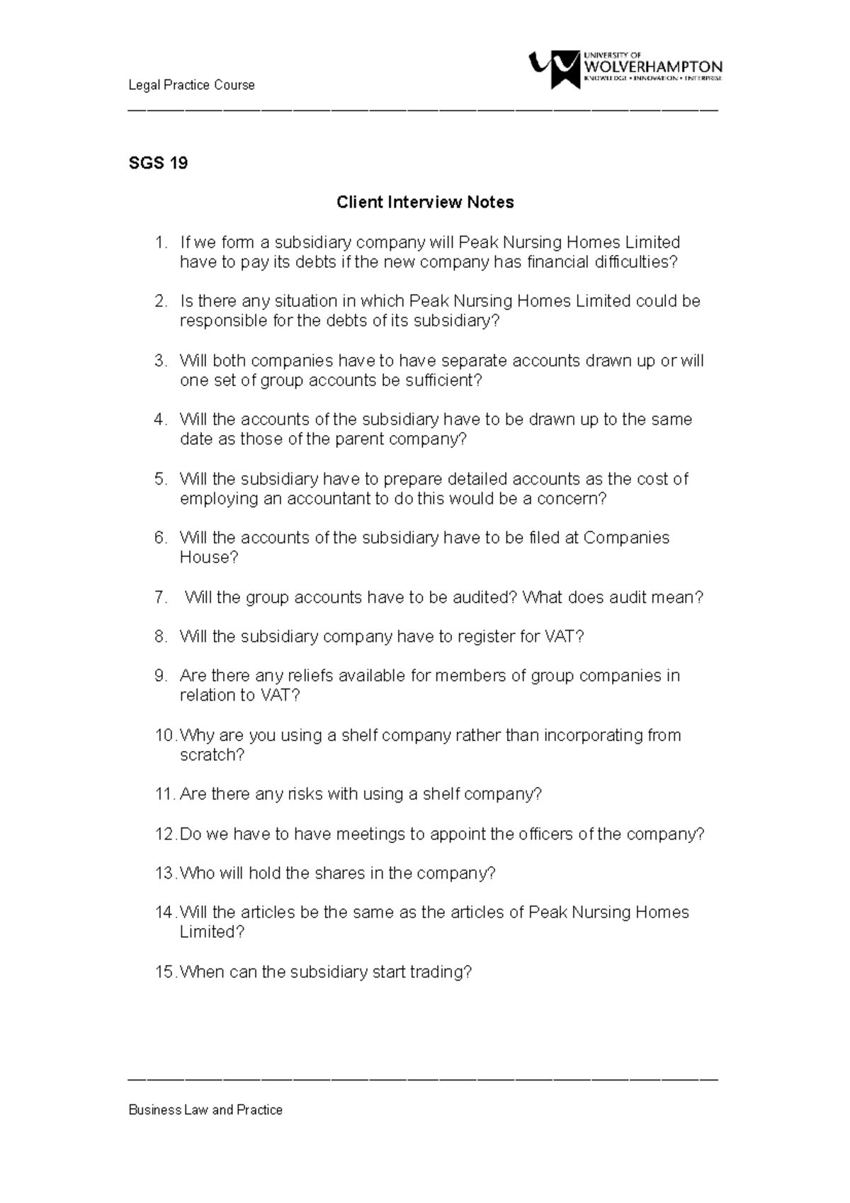 SGS 19 Client Interview Notes - Legal Practice Course - Studocu