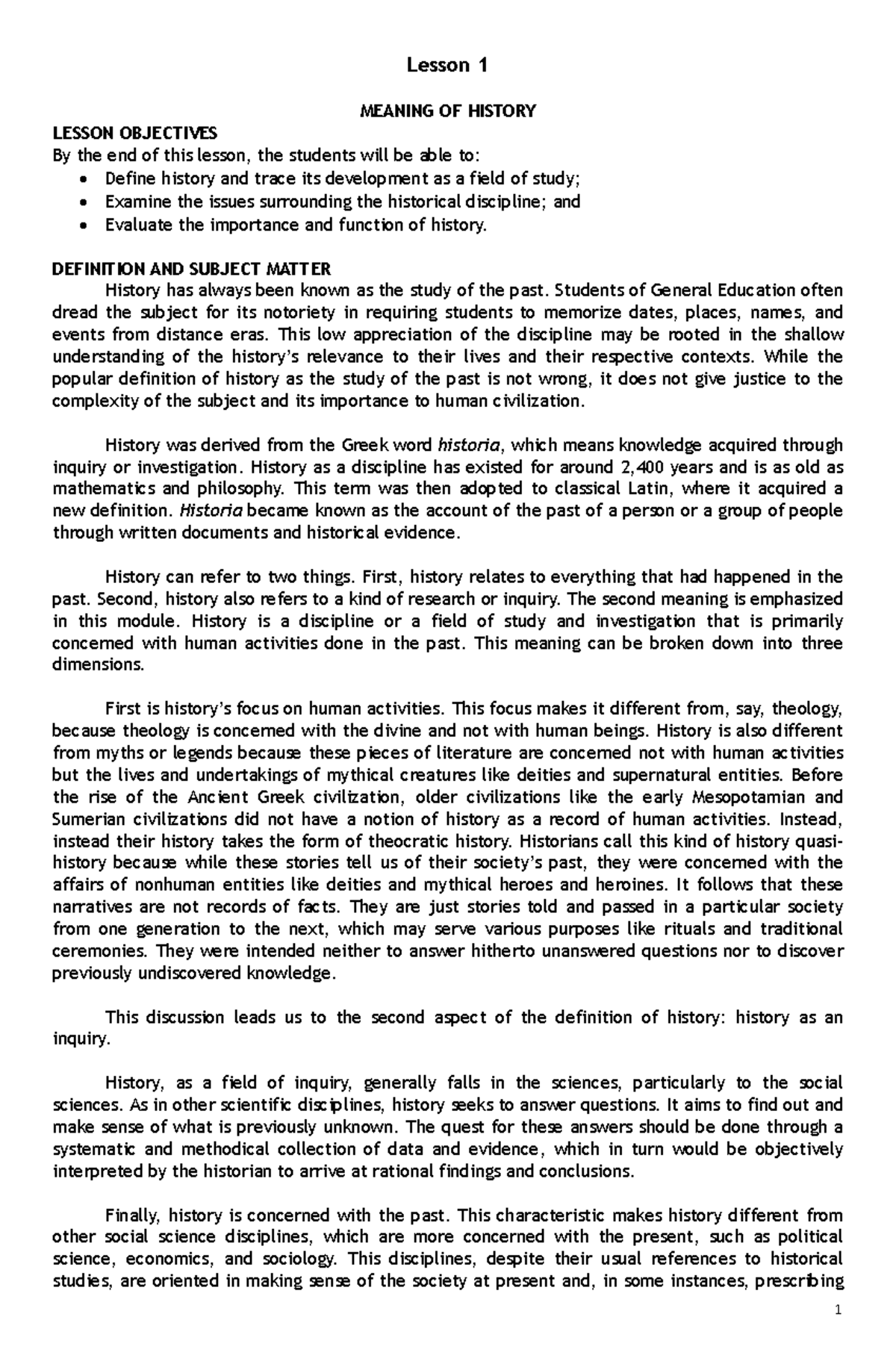 Lesson 1 - Lesson 1 MEANING OF HISTORY LESSON OBJECTIVES By the end of ...