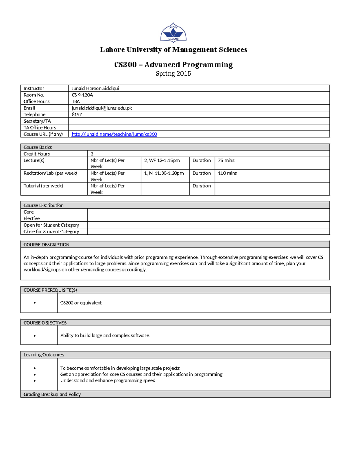 CS300-Advanced Programming 2015 - Lahore University of Management ...