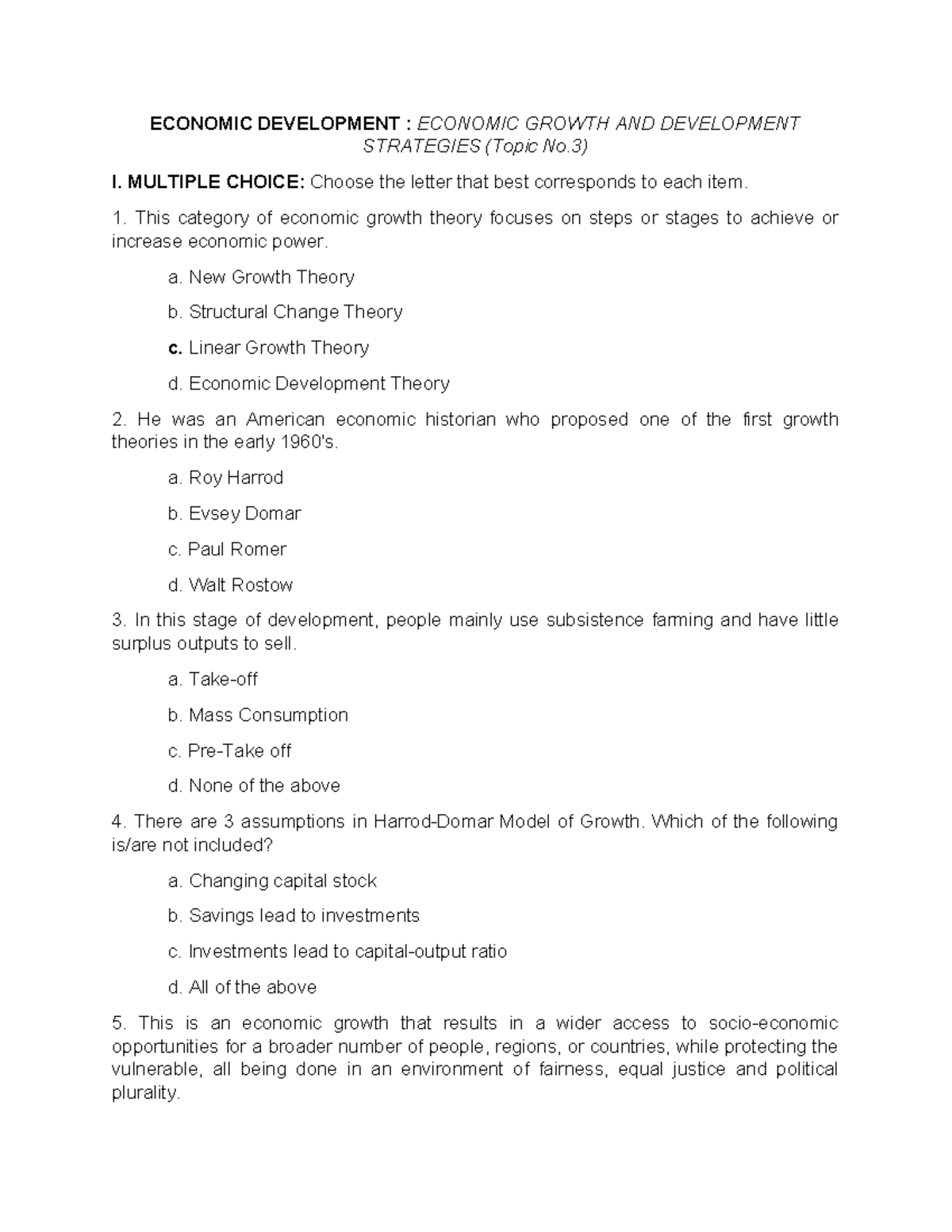 Quiz (without answer key) - ECONOMIC DEVELOPMENT : ECONOMIC GROWTH AND ...
