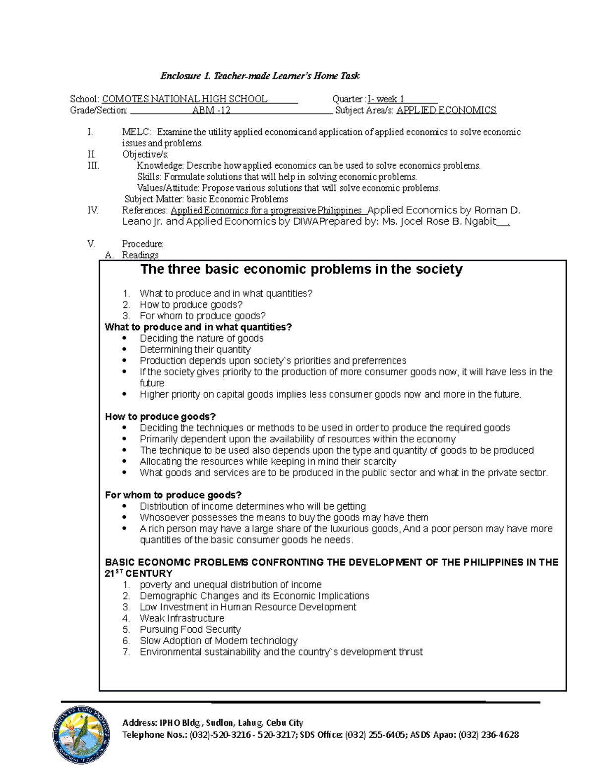 Week 2 - BASIC ECONOMICS PROBLEM IN THE SOCIETY - Enclosure 1. Teacher ...