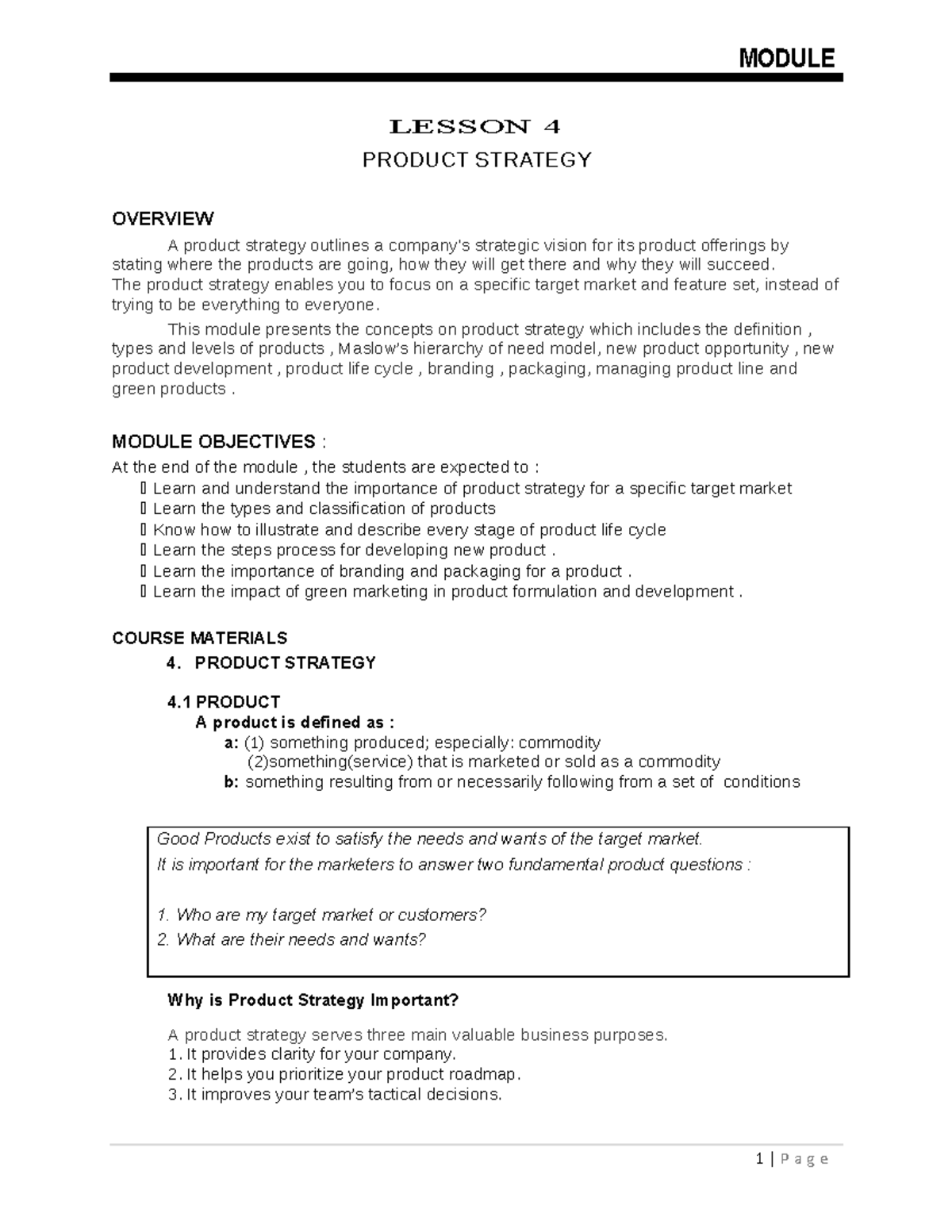 IMS Lesson 4 Product Strategy - MODULE 1 | P a g e LESSON 4 PRODUCT ...