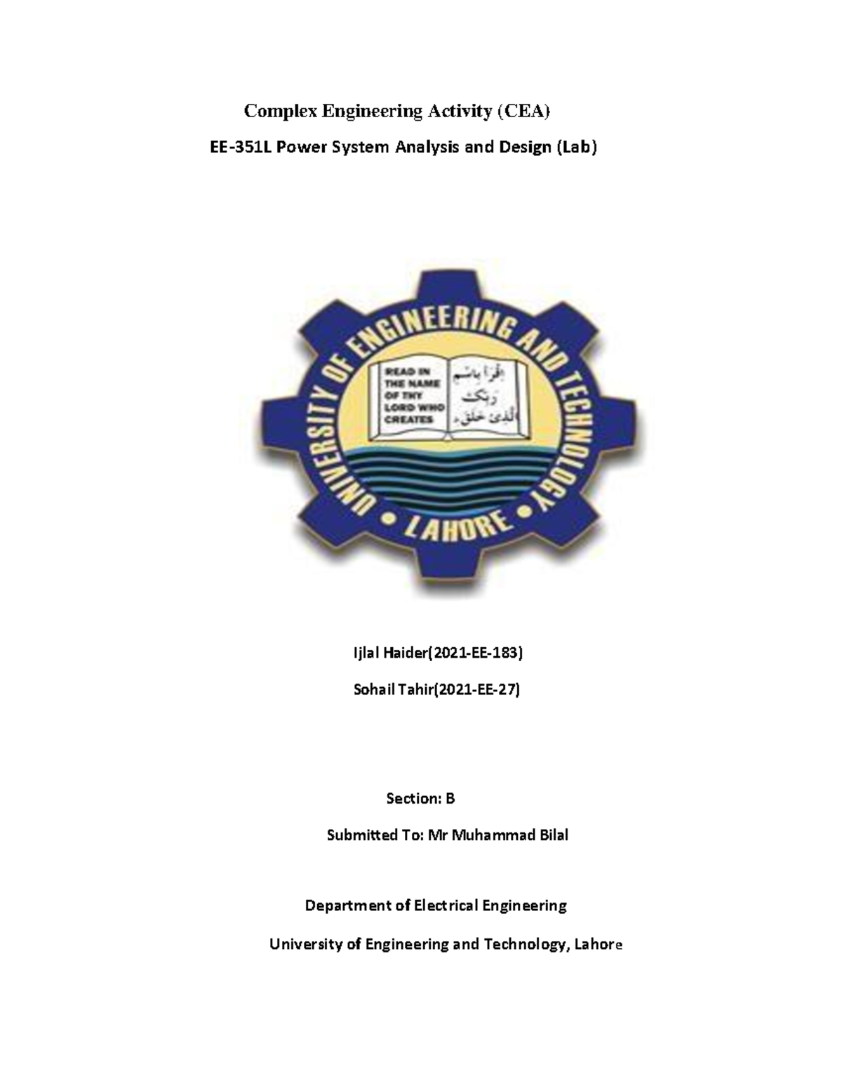 PSA LAB CEA Task 1 - Assignment - Complex Engineering Activity (CEA) EE-351L Power System ...
