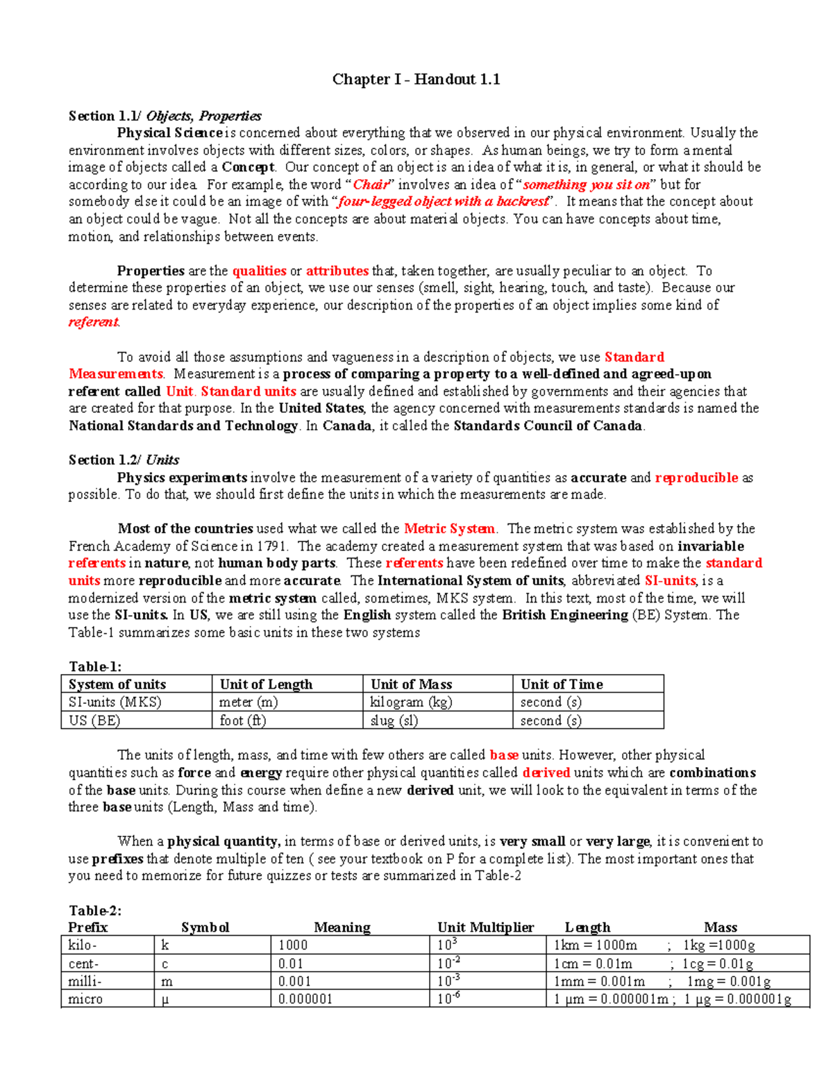 PHY106-Ch1 - notes - Chapter I - Handout 1. Section 1/ Objects ...