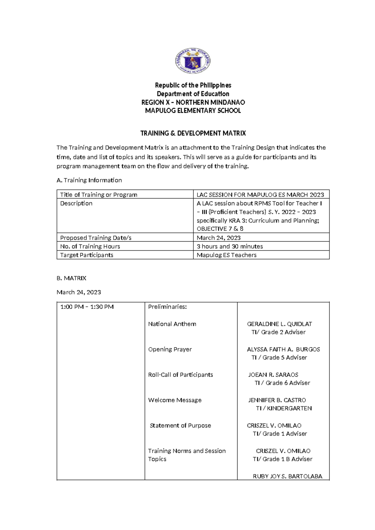 Burgos Training Matrix March 23 - Republic of the Philippines ...