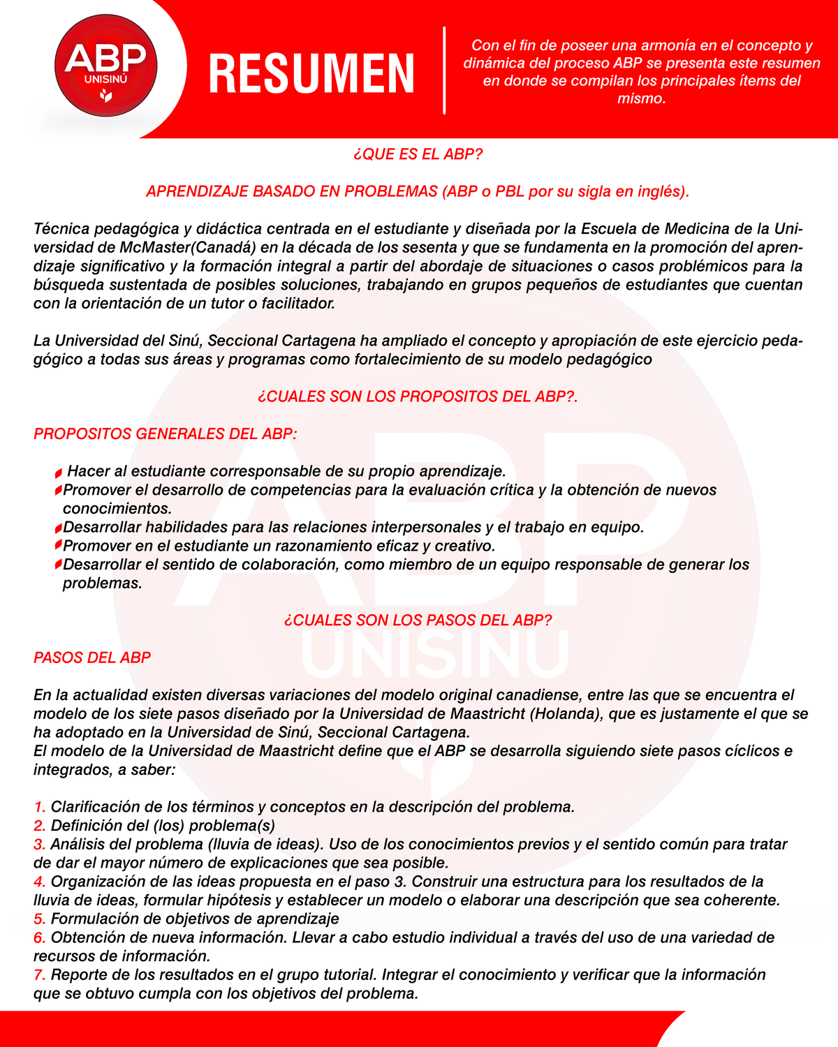 Documento ABP - Resumen pasos ABP - UNISINÚ ABP UNISINÚ ABP RESUMEN Con el fin de poseer una ...
