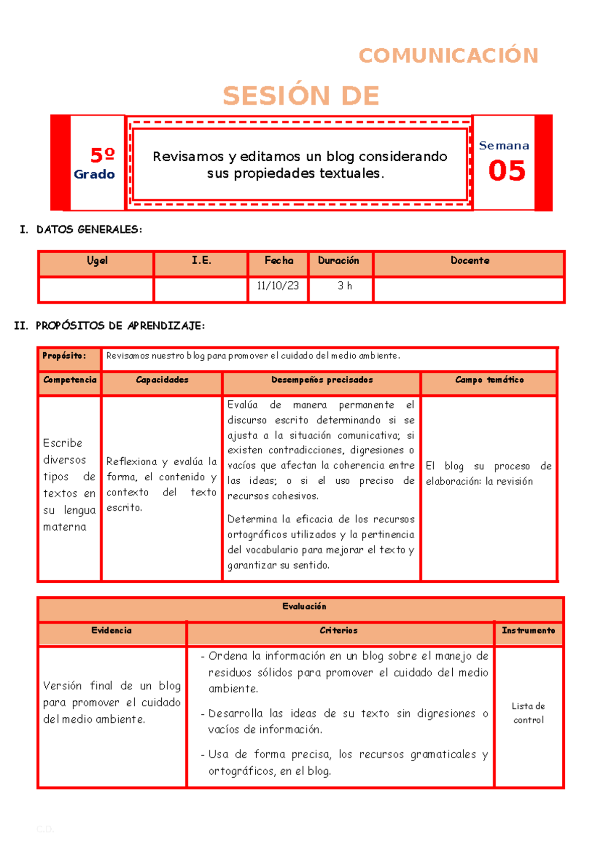 5° Sesión DE Aprendizaje Sesión 10-SEM - I. DATOS GENERALES: Ugel I. Fecha Duración Docente 11 ...